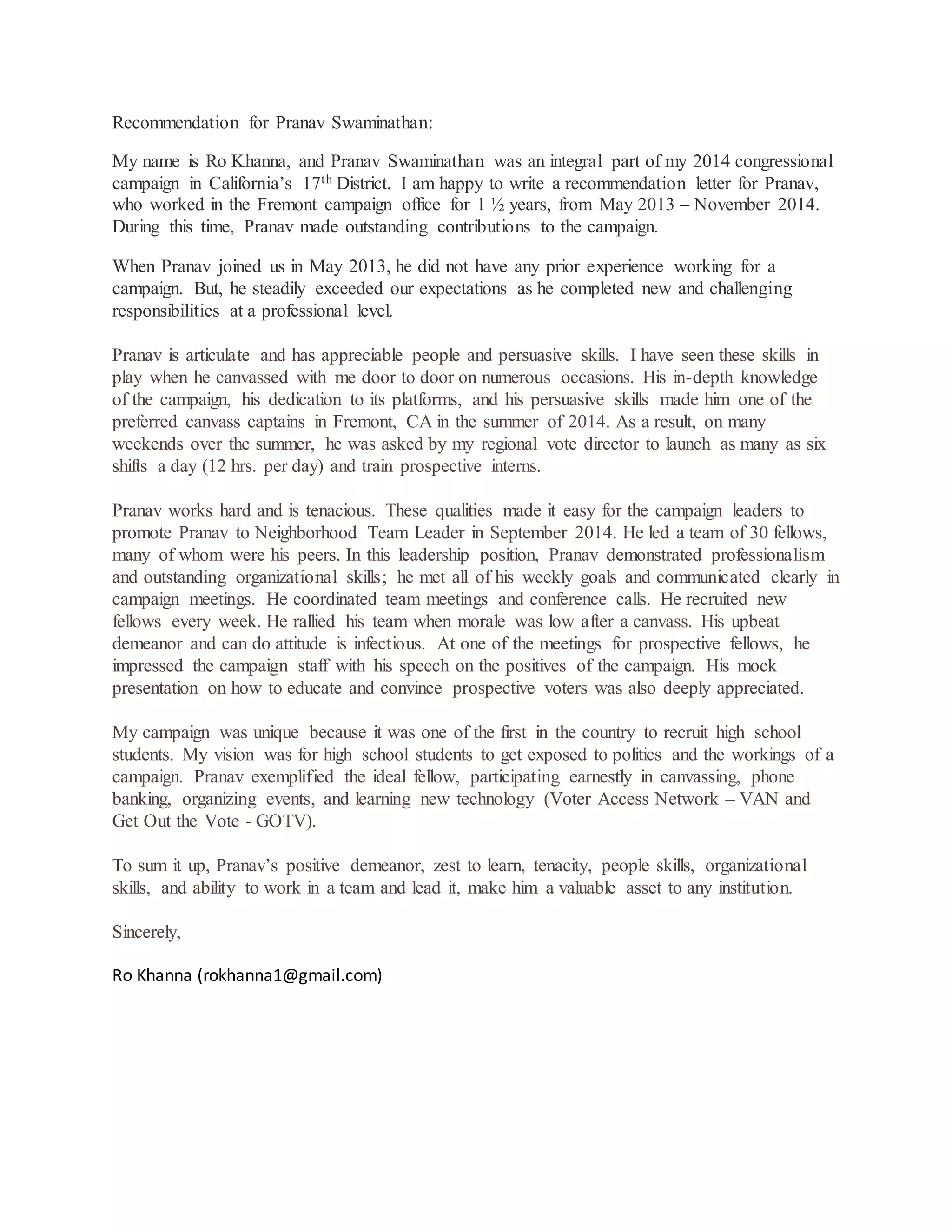 Ro Khanna Recommendation Letter | DOCX