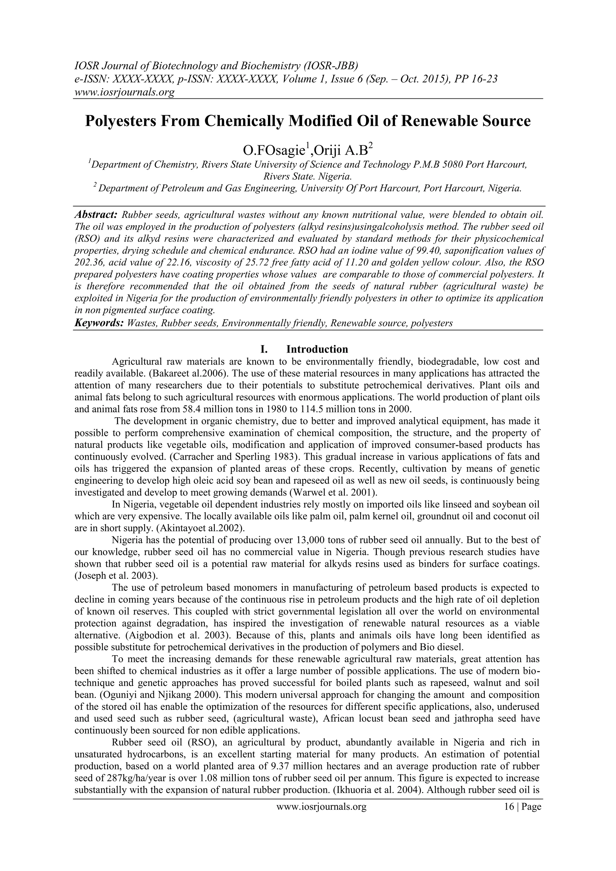 Polyesters From Chemically Modified Oil of Renewable Source | PDF