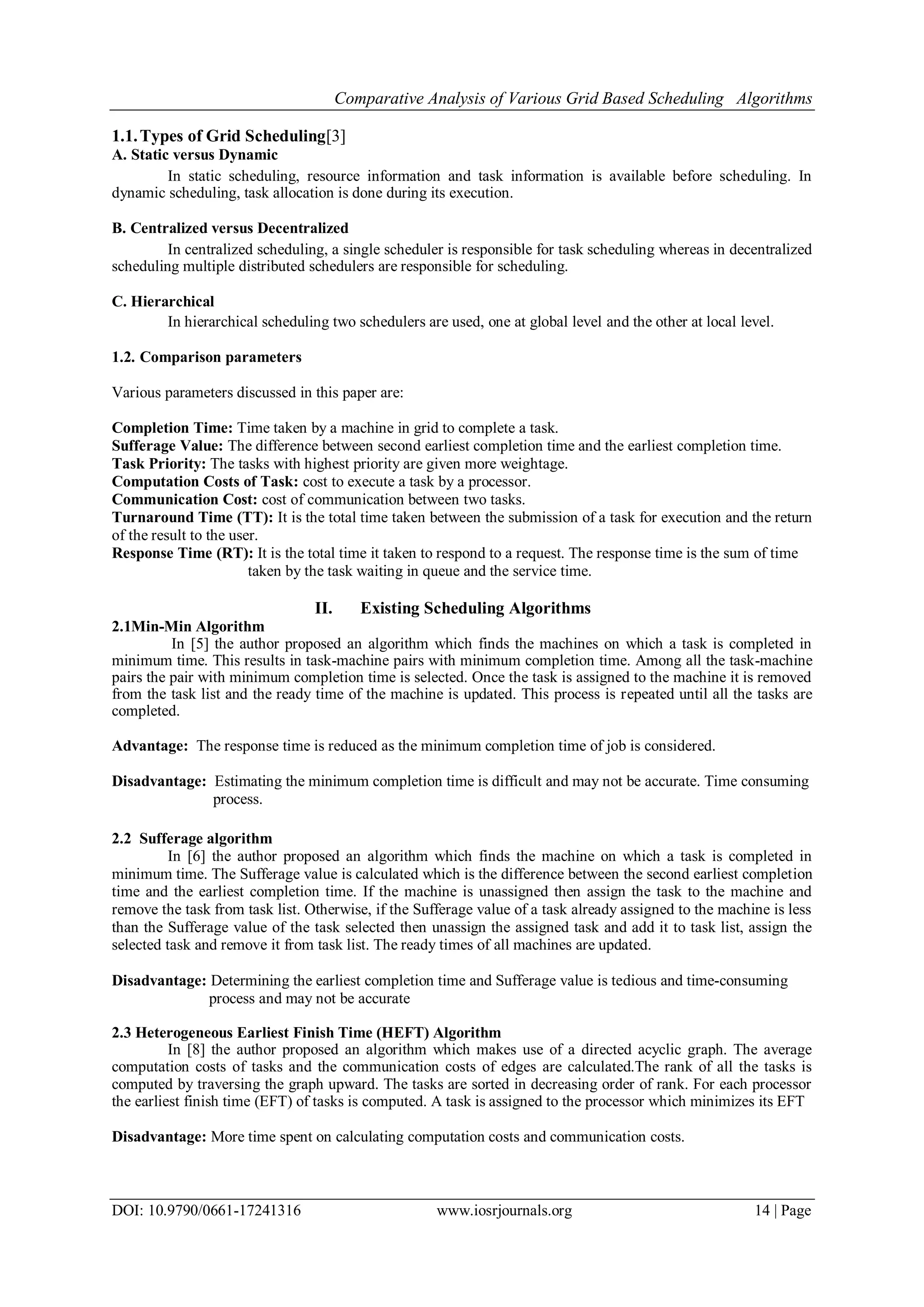 Comparative Analysis Of Various Grid Based Scheduling Algorithms Pdf