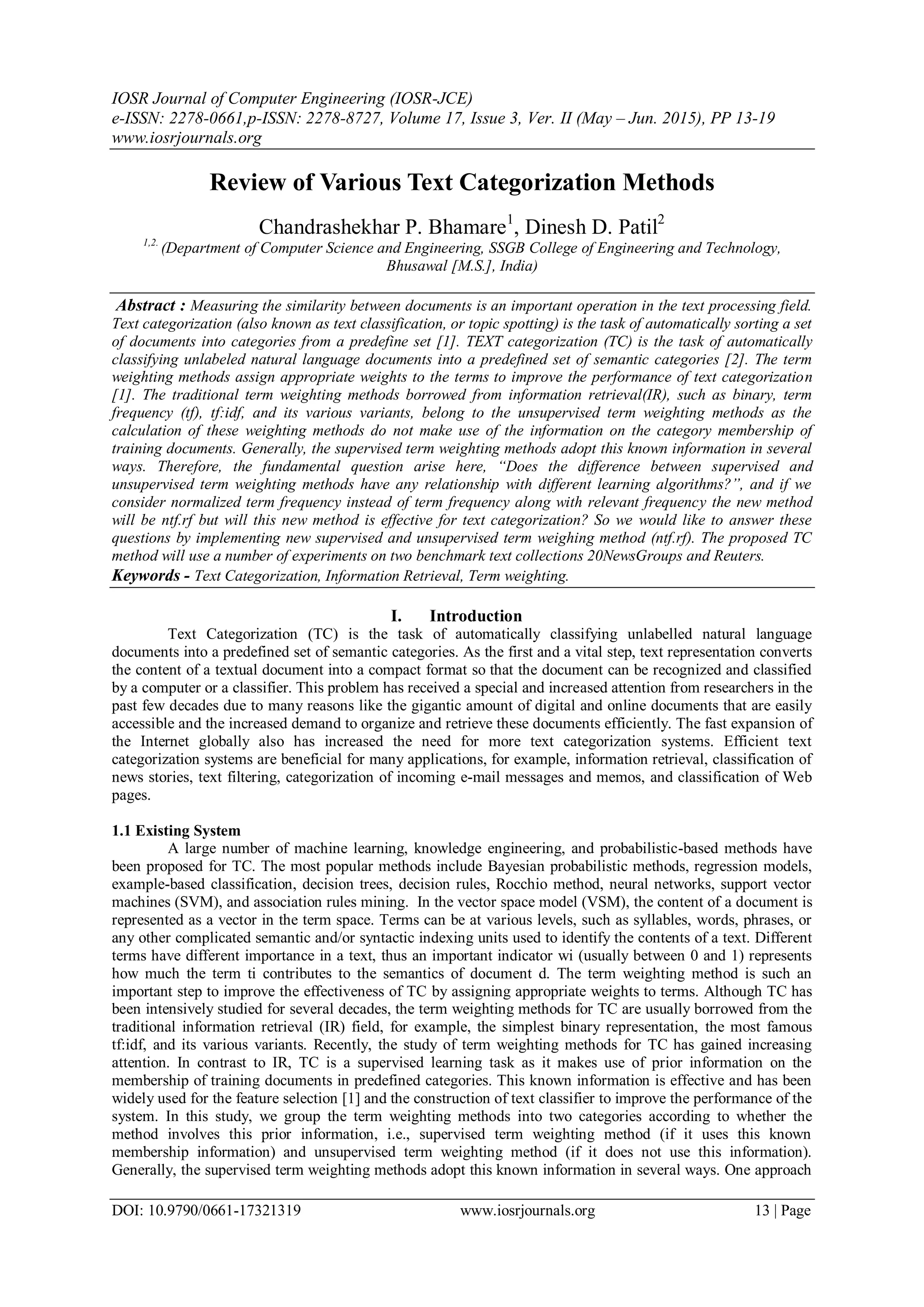 Review of Various Text Categorization Methods | PDF