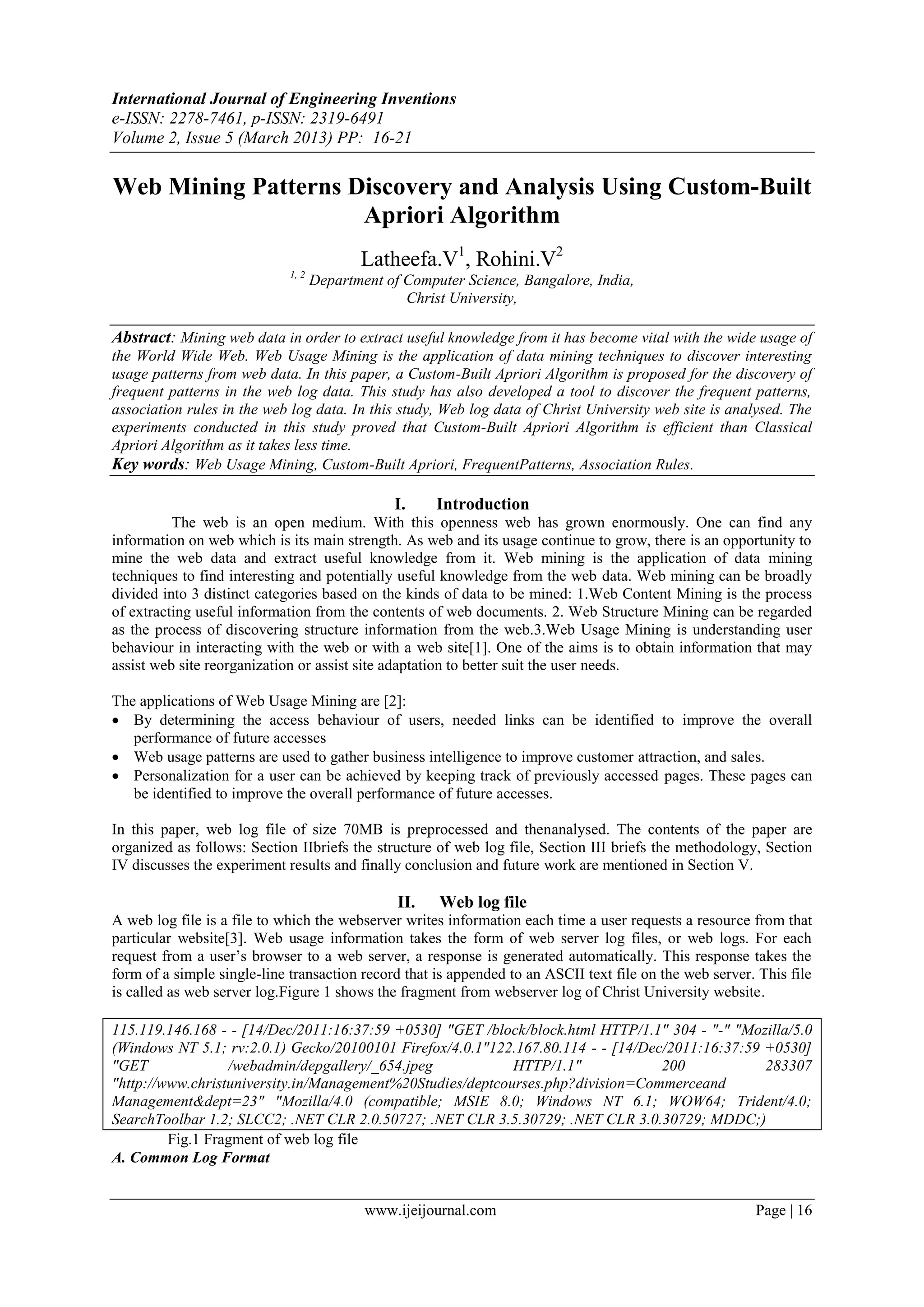Web Mining Patterns Discovery and Analysis Using Custom-Built Apriori Algorithm | PDF