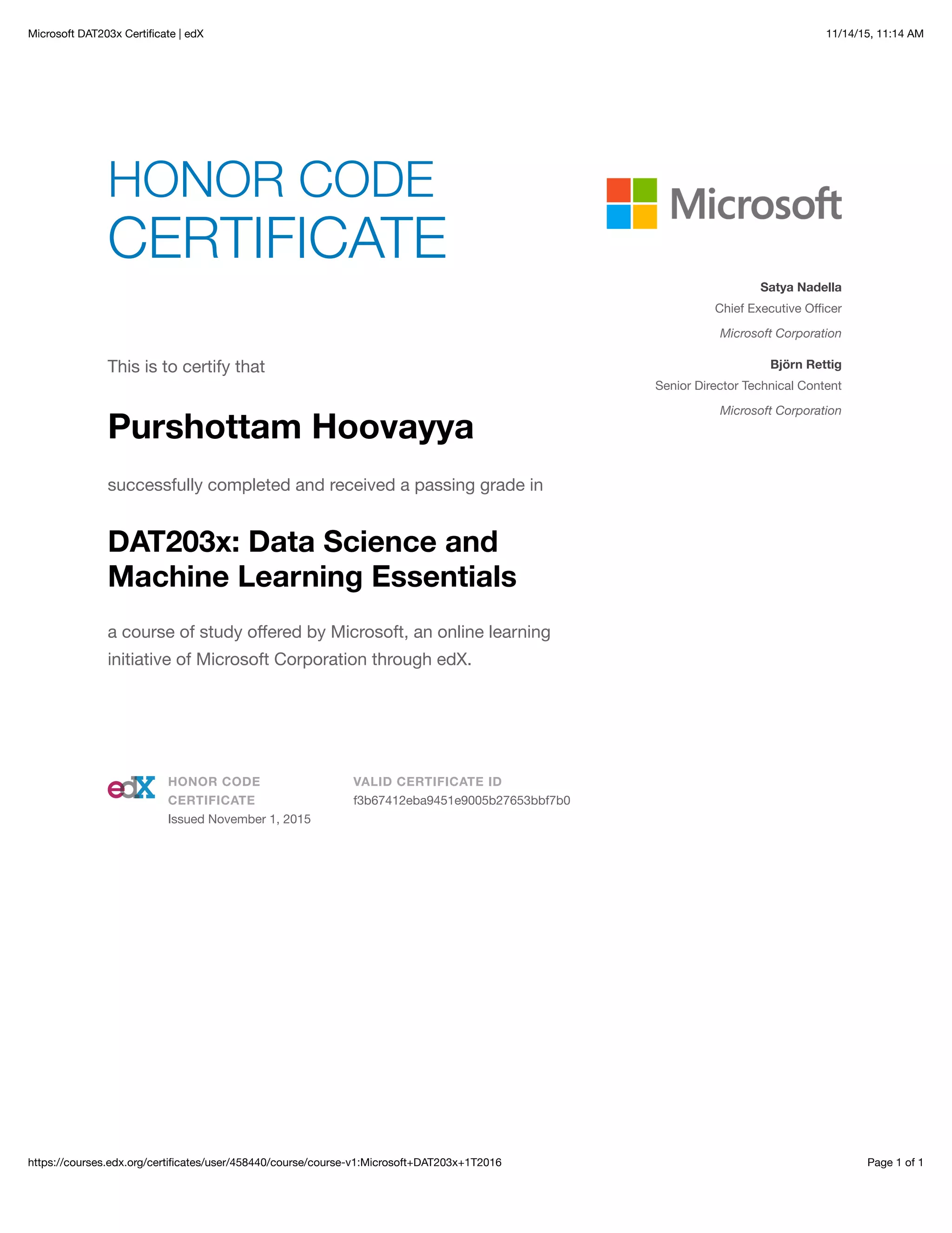 Microsoft DAT203x Certificate | edX | PDF