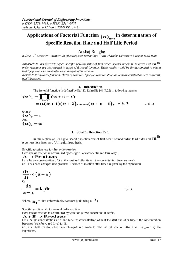 Applications of Factorial Function n=1 in determination of Specific Reaction Rate and Half Life ...