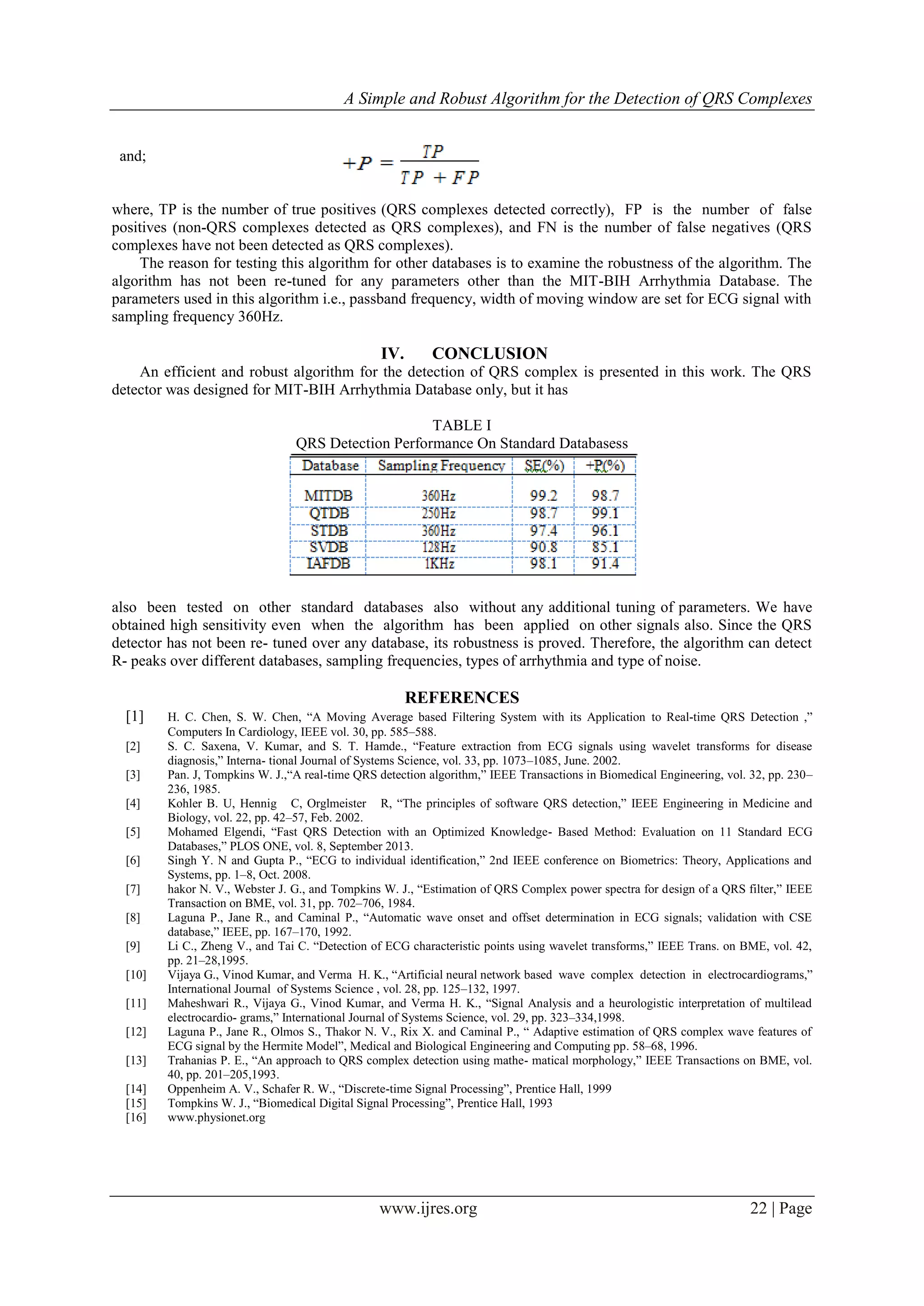 A Simple And Robust Algorithm For The Detection Of Qrs Complexes Pdf