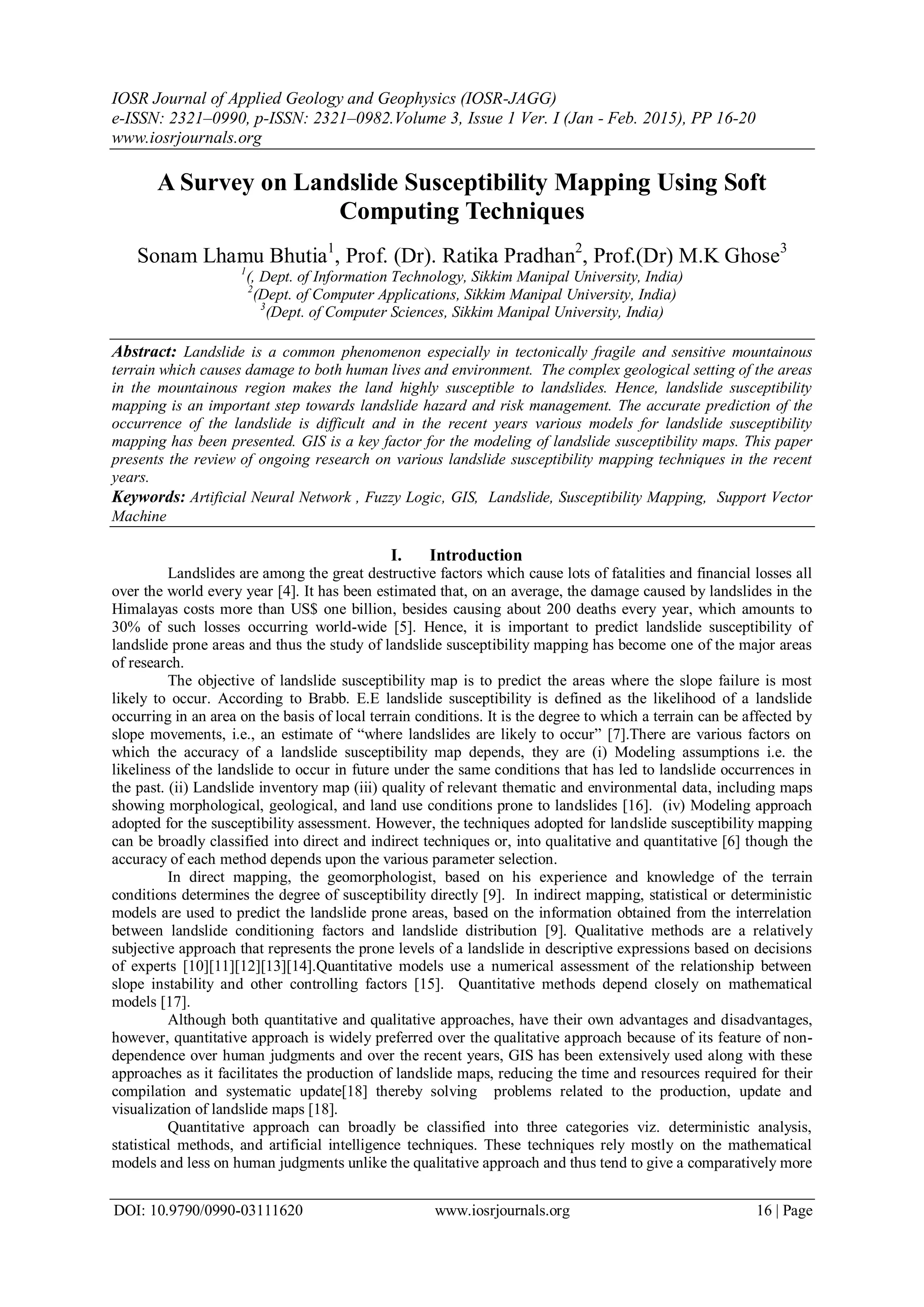 A Survey on Landslide Susceptibility Mapping Using Soft Computing Techniques | PDF