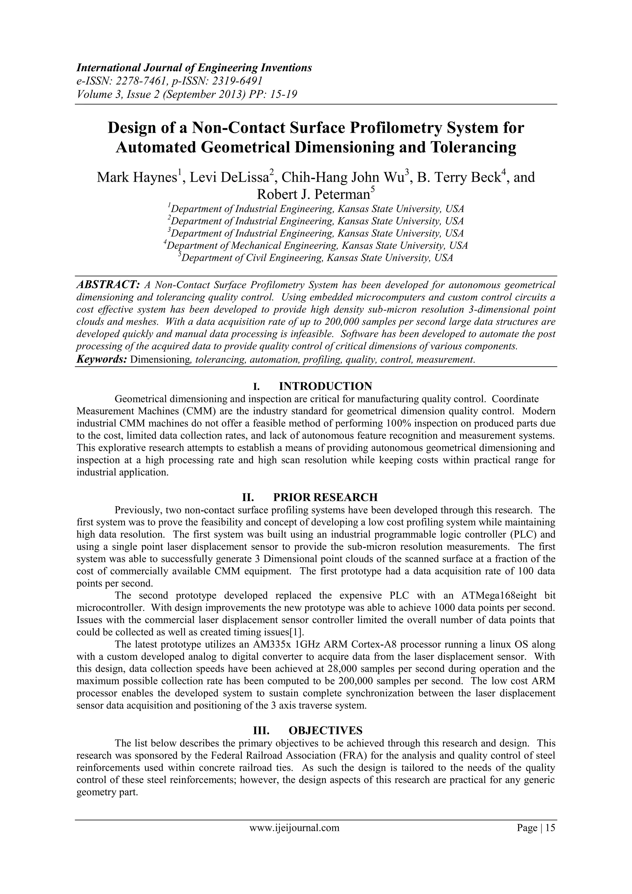 Design of a Non-Contact Surface Profilometry System for Automated Geometrical Dimensioning and ...