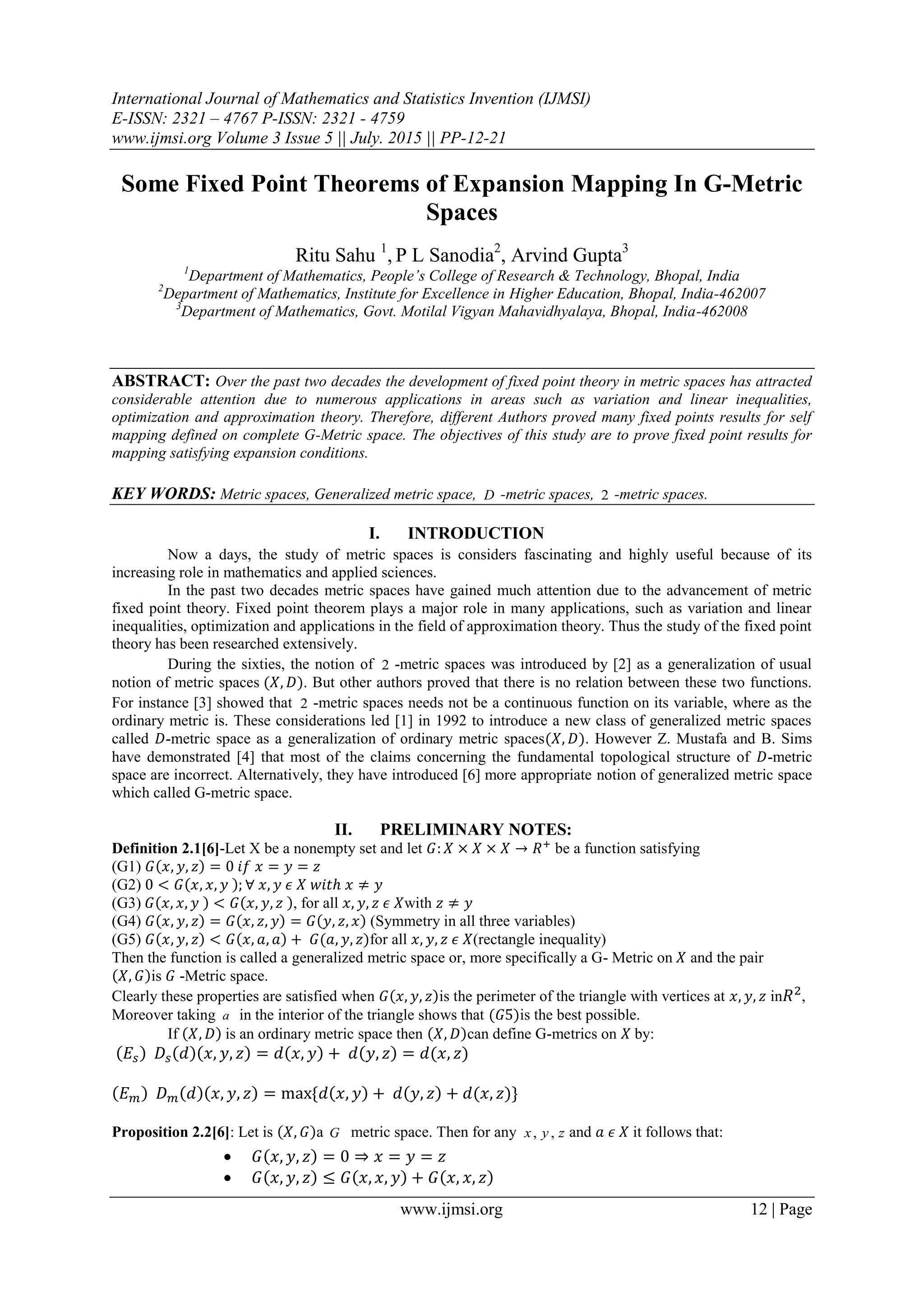 Some Fixed Point Theorems of Expansion Mapping In G-Metric Spaces | PDF