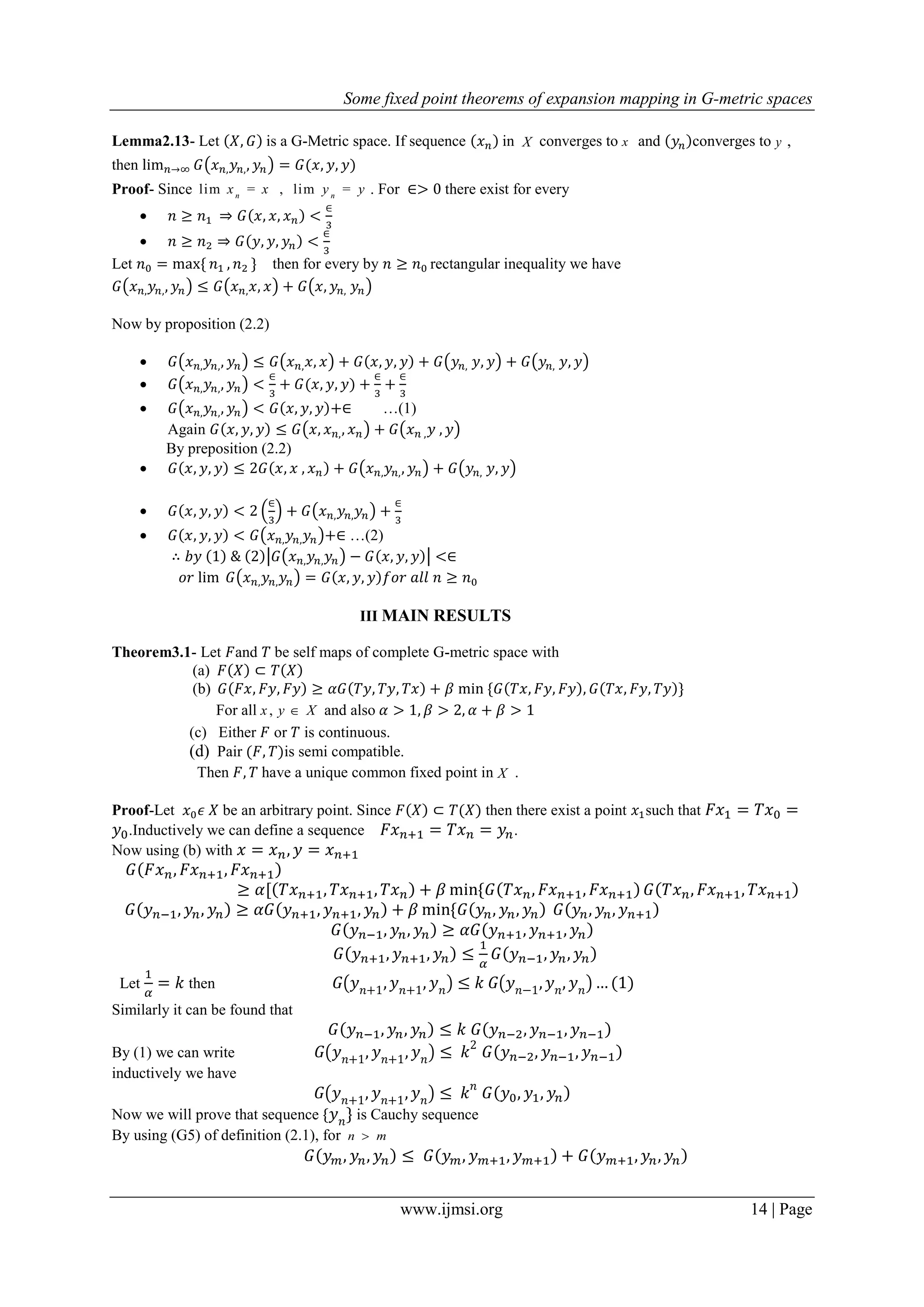 Some Fixed Point Theorems of Expansion Mapping In G-Metric Spaces | PDF