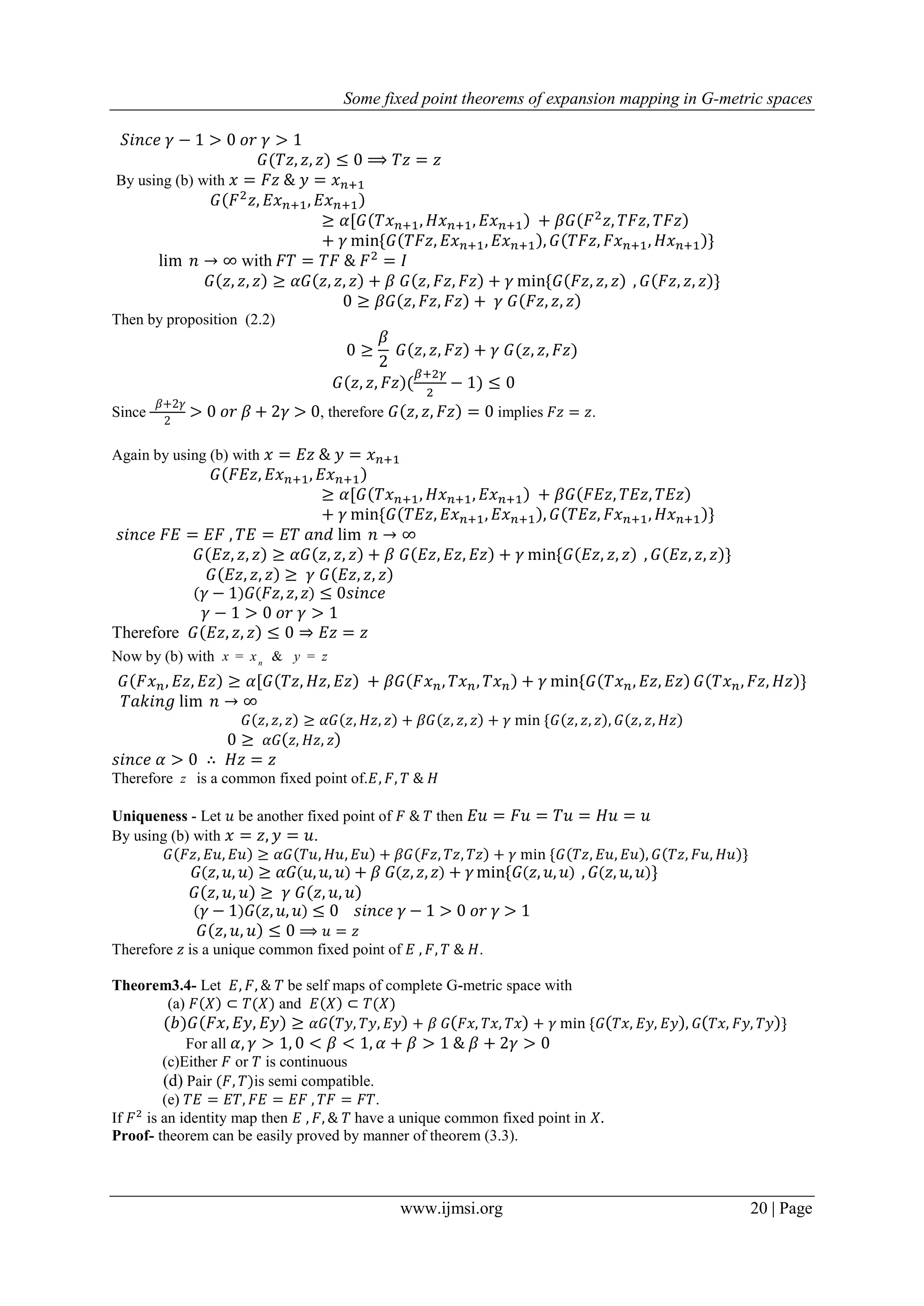 Some Fixed Point Theorems of Expansion Mapping In G-Metric Spaces | PDF