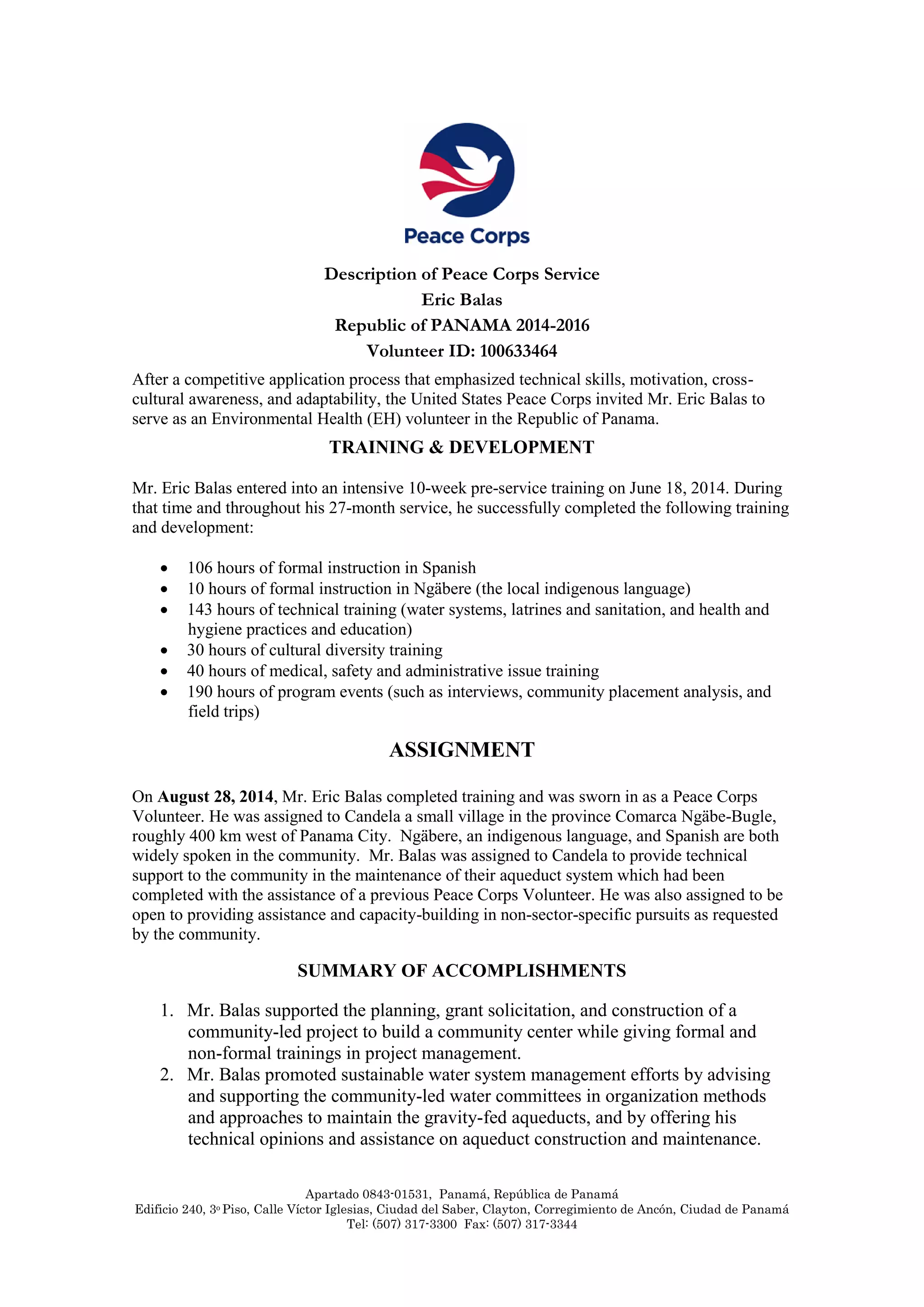 Description of Peace Corps Service | PDF