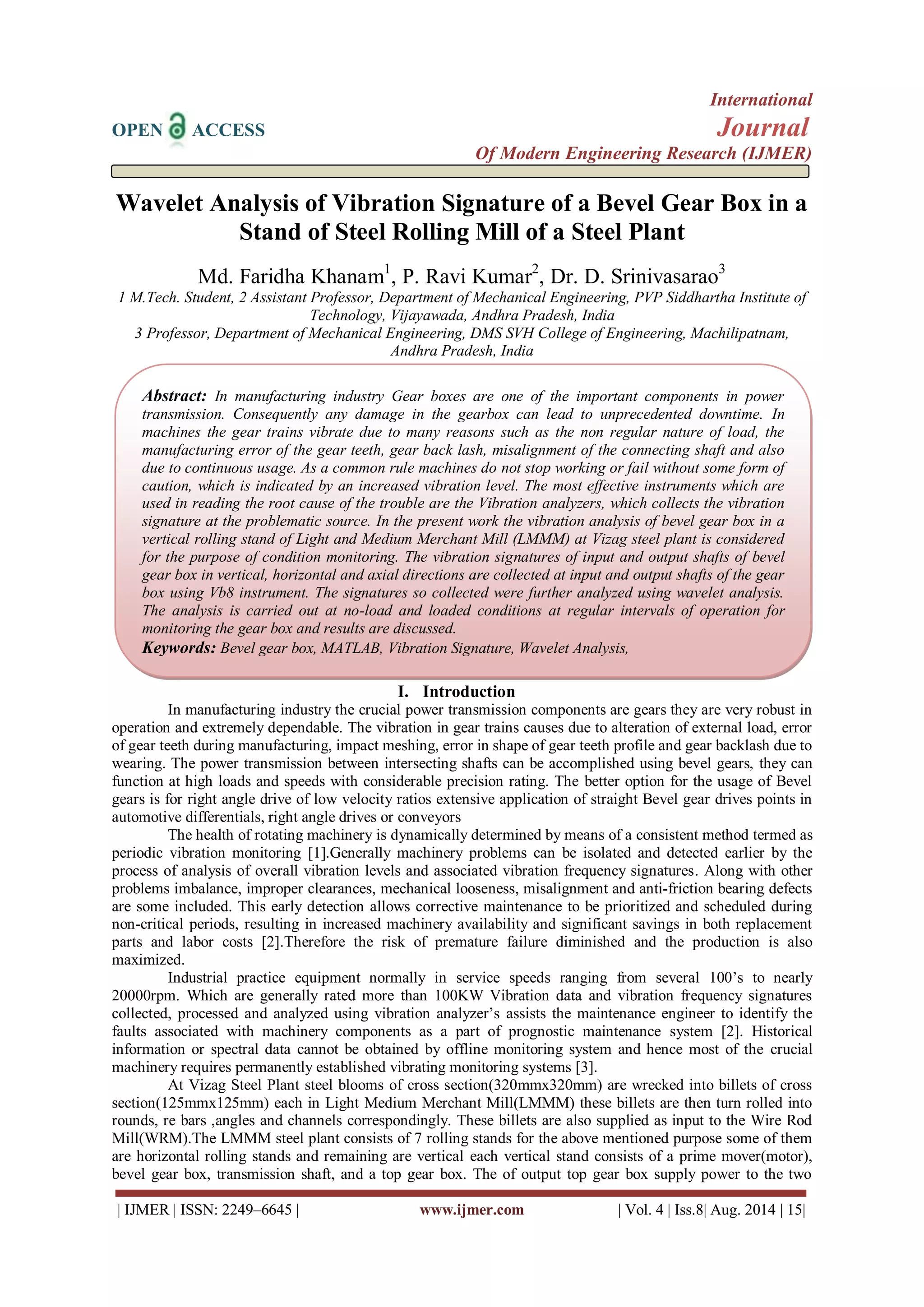 Wavelet Analysis of Vibration Signature of a Bevel Gear Box in a Stand ...