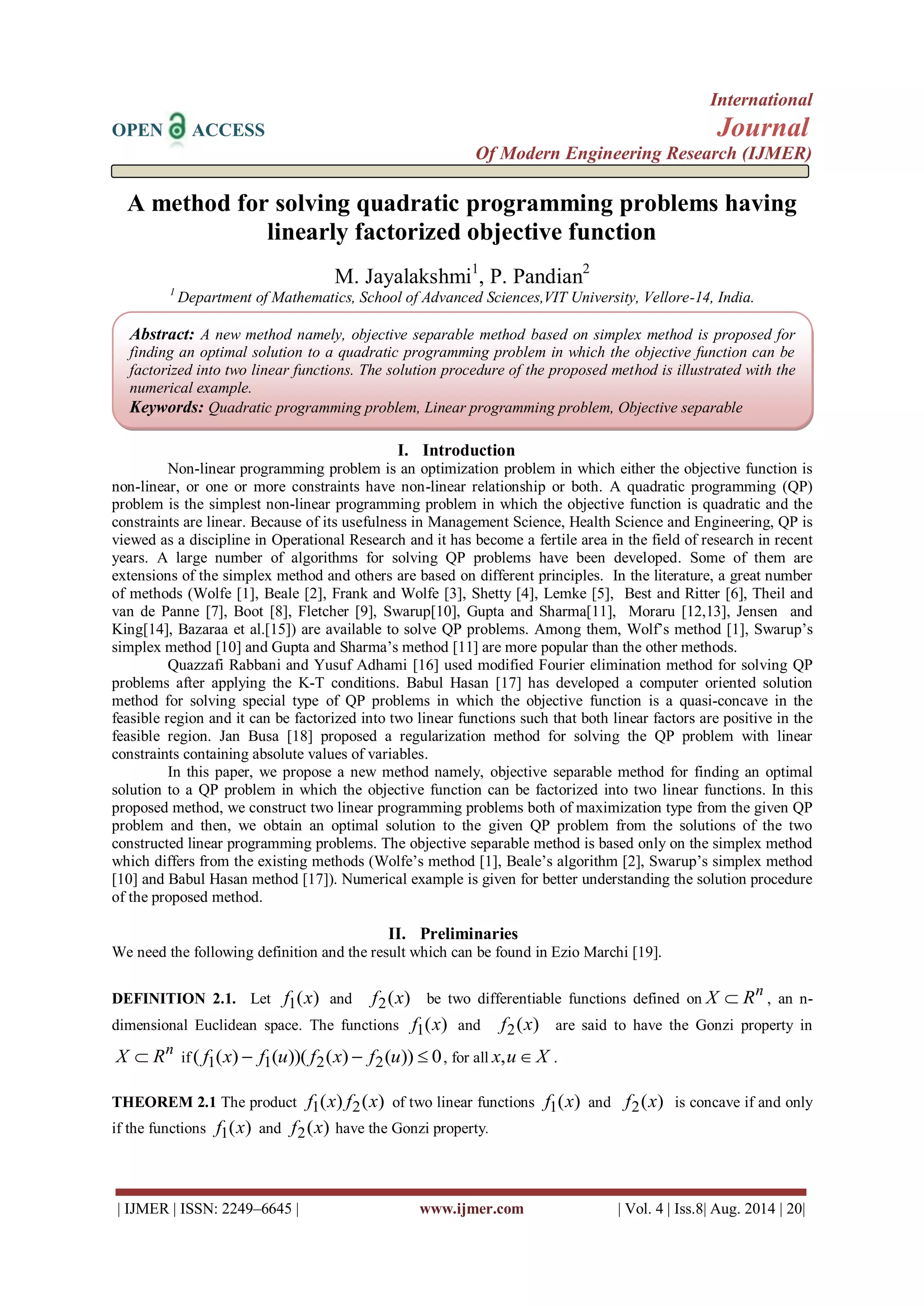 A Method For Solving Quadratic Programming Problems Having Linearly Factorized Objective
