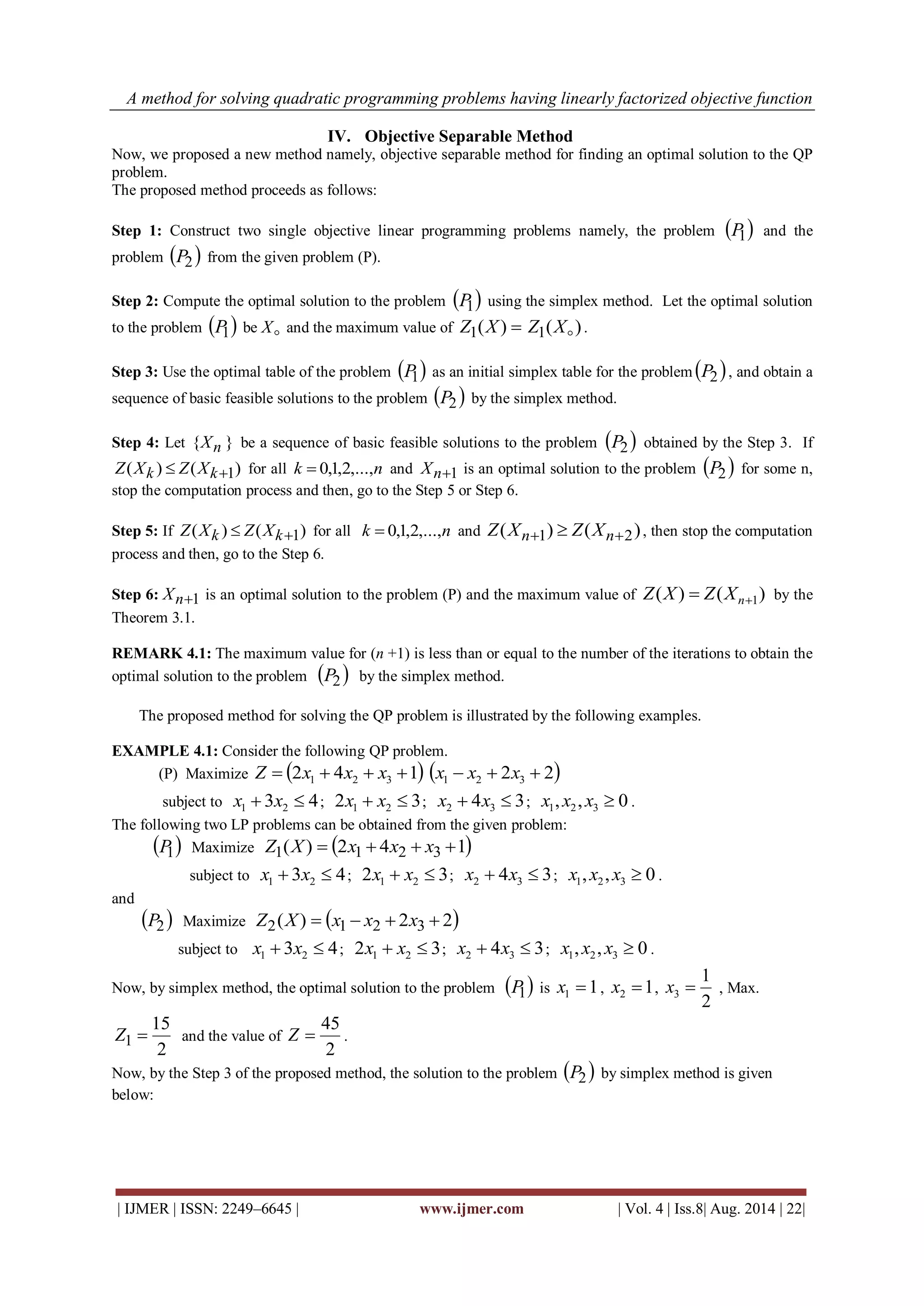 A method for solving quadratic programming problems having linearly factorized objective ...