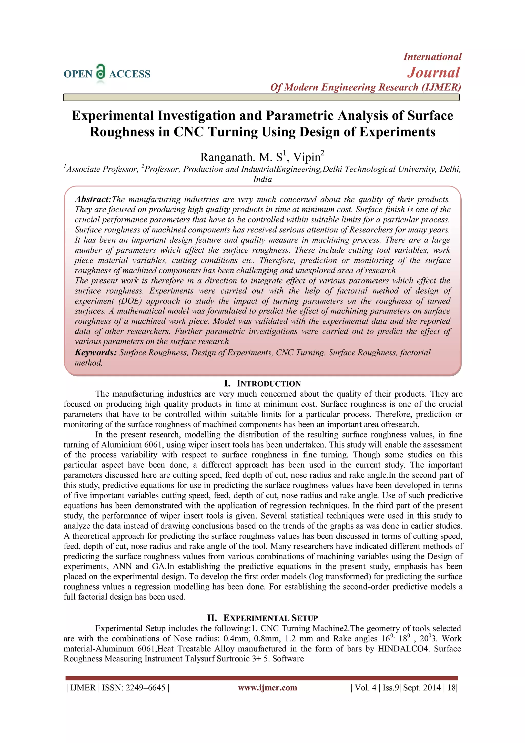 Experimental Investigation and Parametric Analysis of Surface Roughness in CNC Turning Using ...