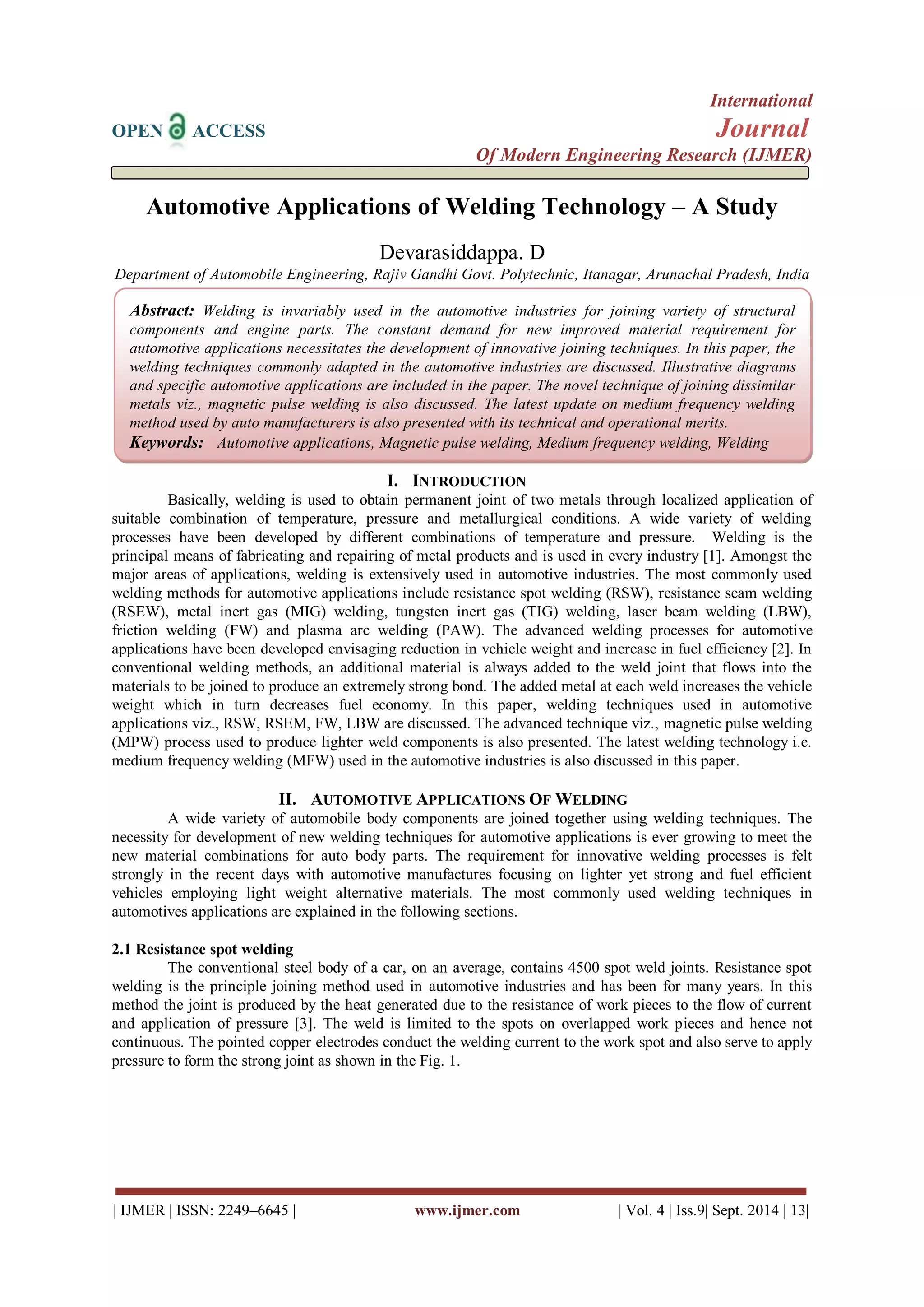 Automotive Applications of Welding Technology – A Study | PDF