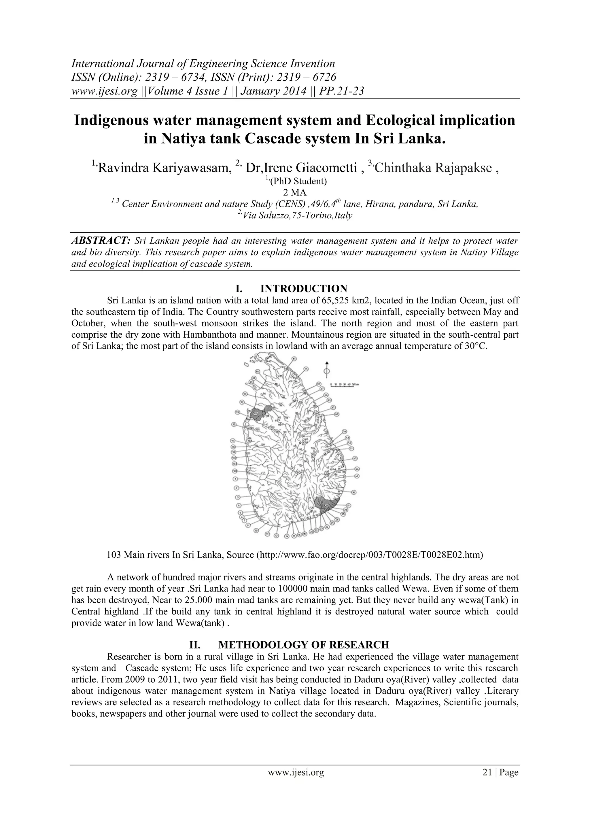 Indigenous Water Management System And Ecological Implication In Natiya Tank Cascade System In
