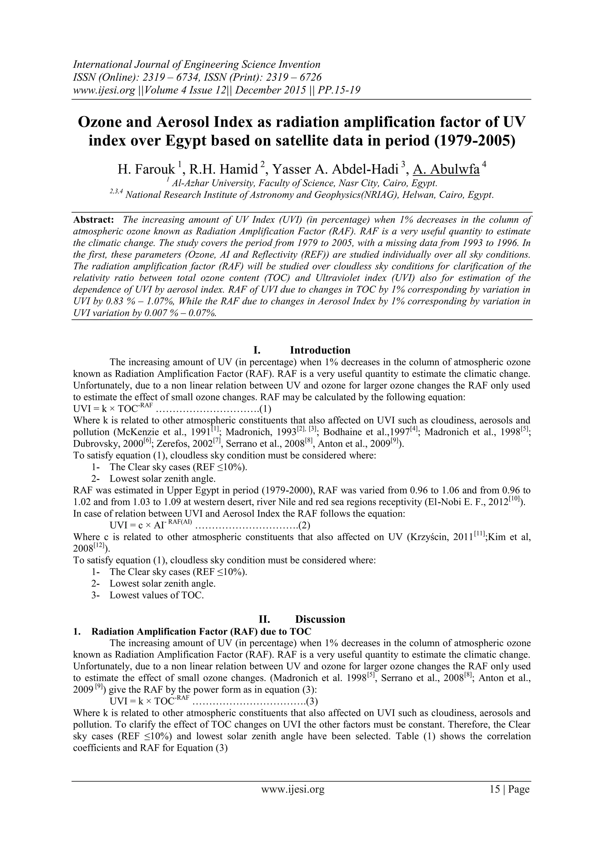Ozone and Aerosol Index as radiation amplification factor of UV index ...