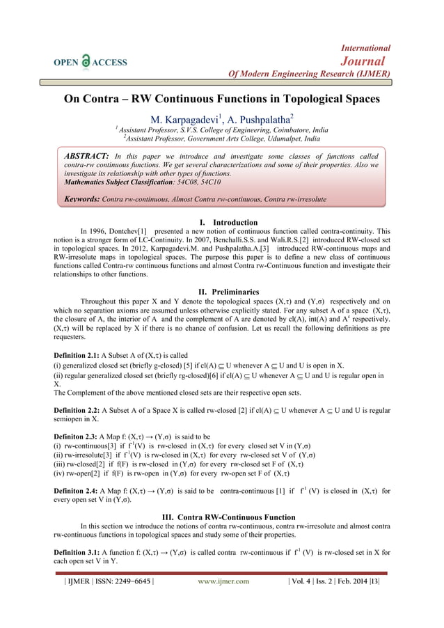 On Contra – RW Continuous Functions in Topological Spaces | PDF