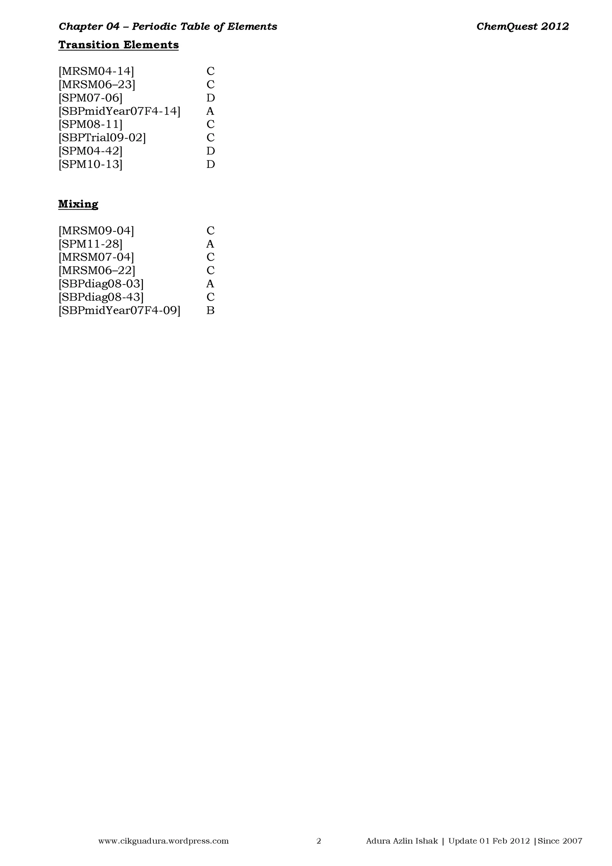 ChemQuest2012 - Chap04 Ans P1 | PDF
