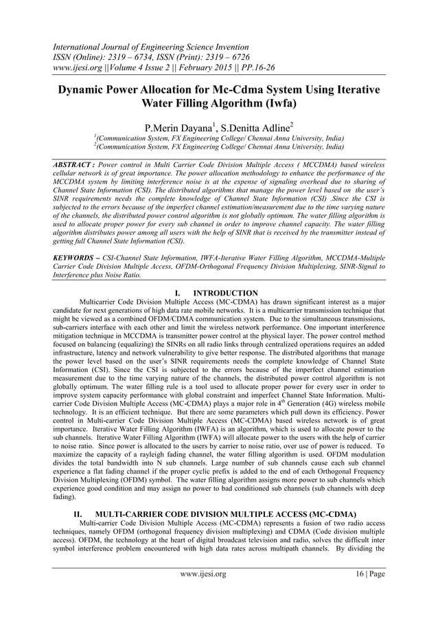 Dynamic Power Allocation for Mc-Cdma System Using Iterative Water Filling Algorithm (Iwfa) | PDF