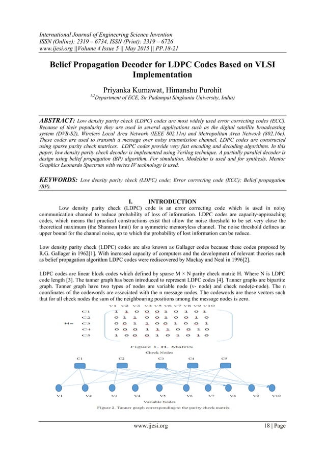 Belief Propagation Decoder for LDPC Codes Based on VLSI Implementation | PDF