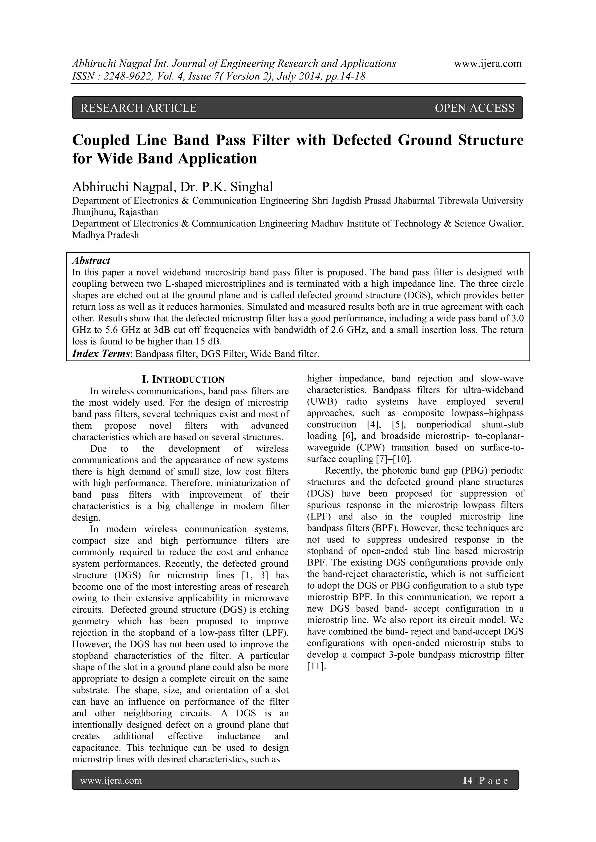 Coupled Line Band Pass Filter with Defected Ground Structure for Wide Band Application | PDF ...