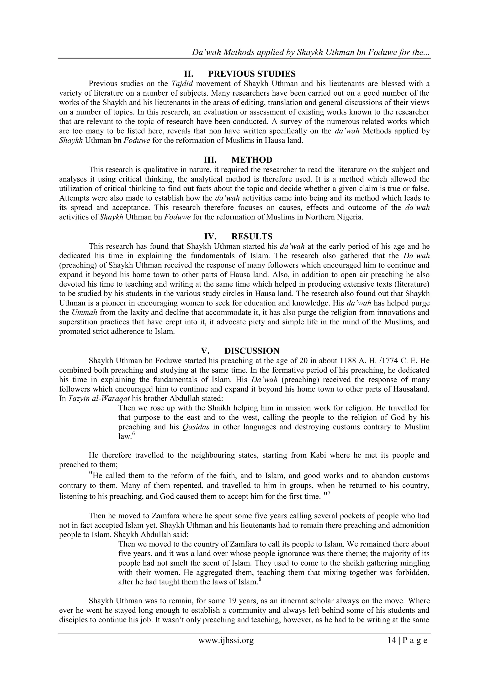 Da’wah methods applied by Shaykh Uthman bn Foduwe for the reformation ...