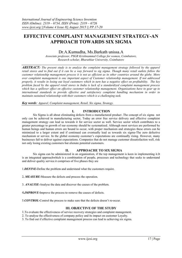 EFFECTIVE COMPLAINT MANAGEMENT STRATEGY-AN APPROACH TOWARDS SIX SIGMA | PDF