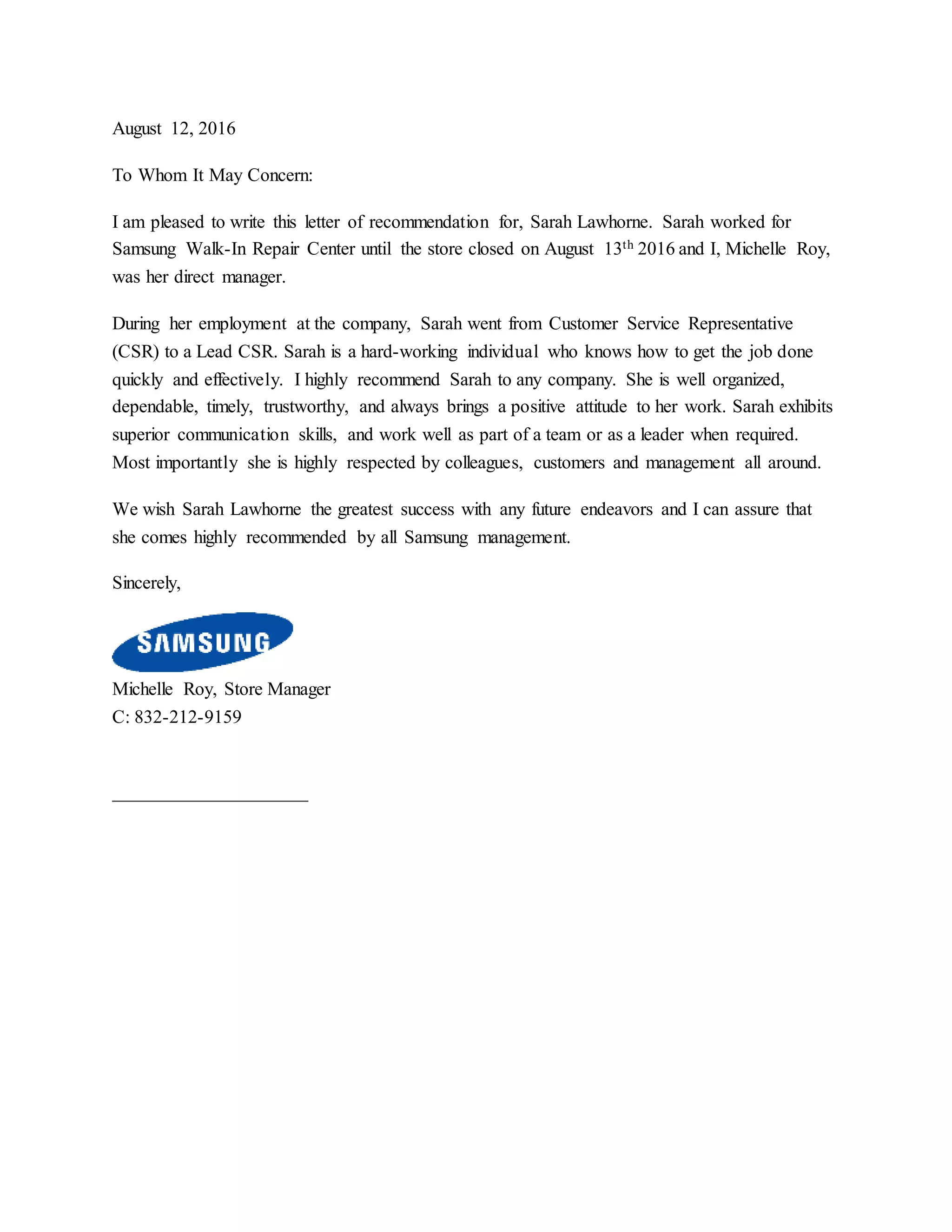 Sarah recommendation letter | DOCX