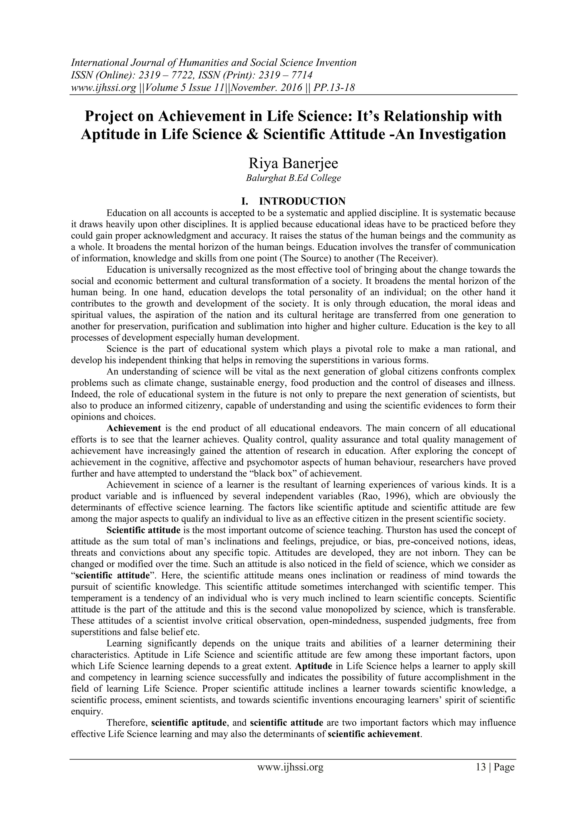 Project on Achievement in Life Science: It’s Relationship with Aptitude ...