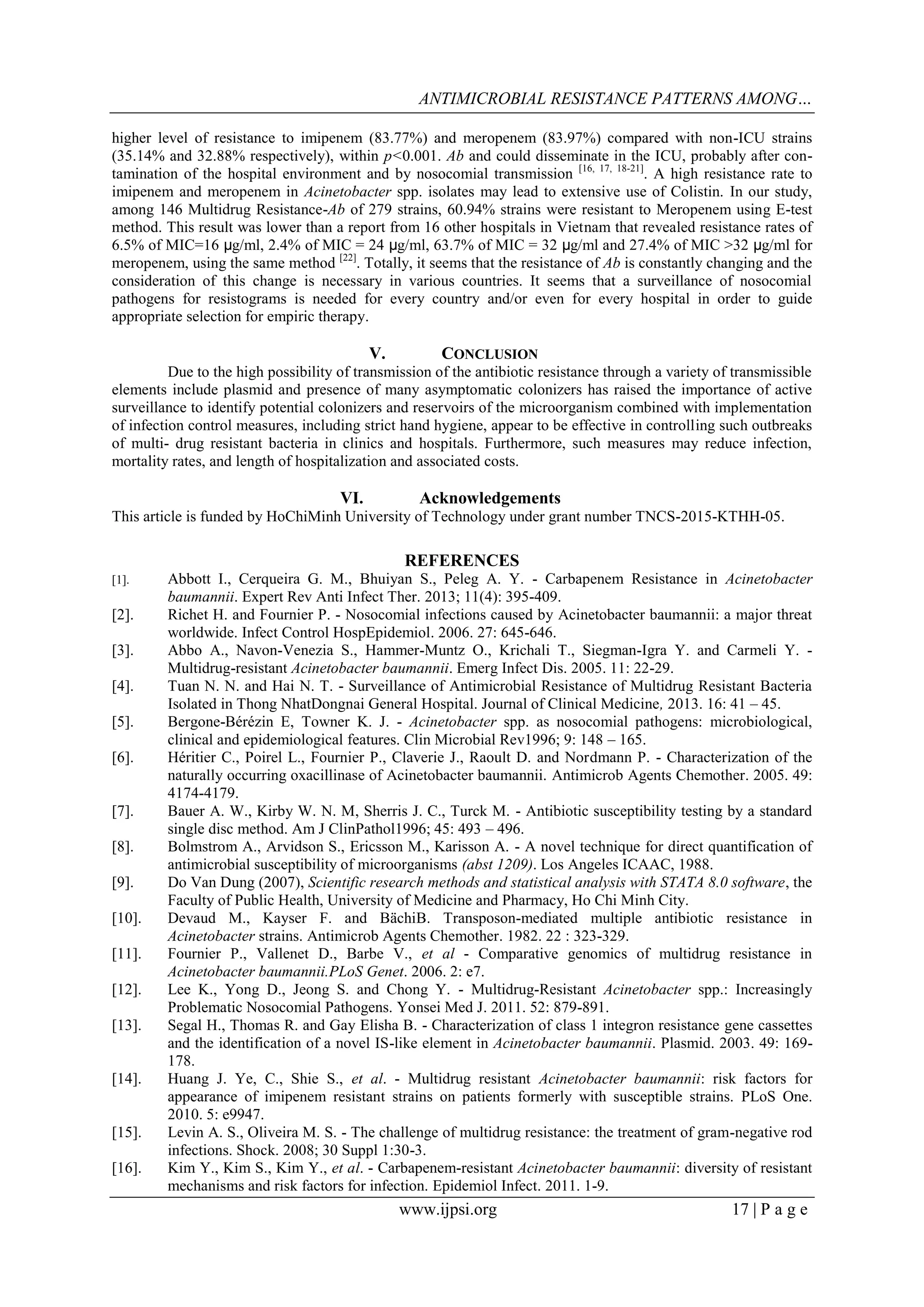 ANTIMICROBIAL RESISTANCE PATTERNS AMONG ACINETOBACTER BAUMANNII ISOLATED FROM THONG NHAT DONG ...