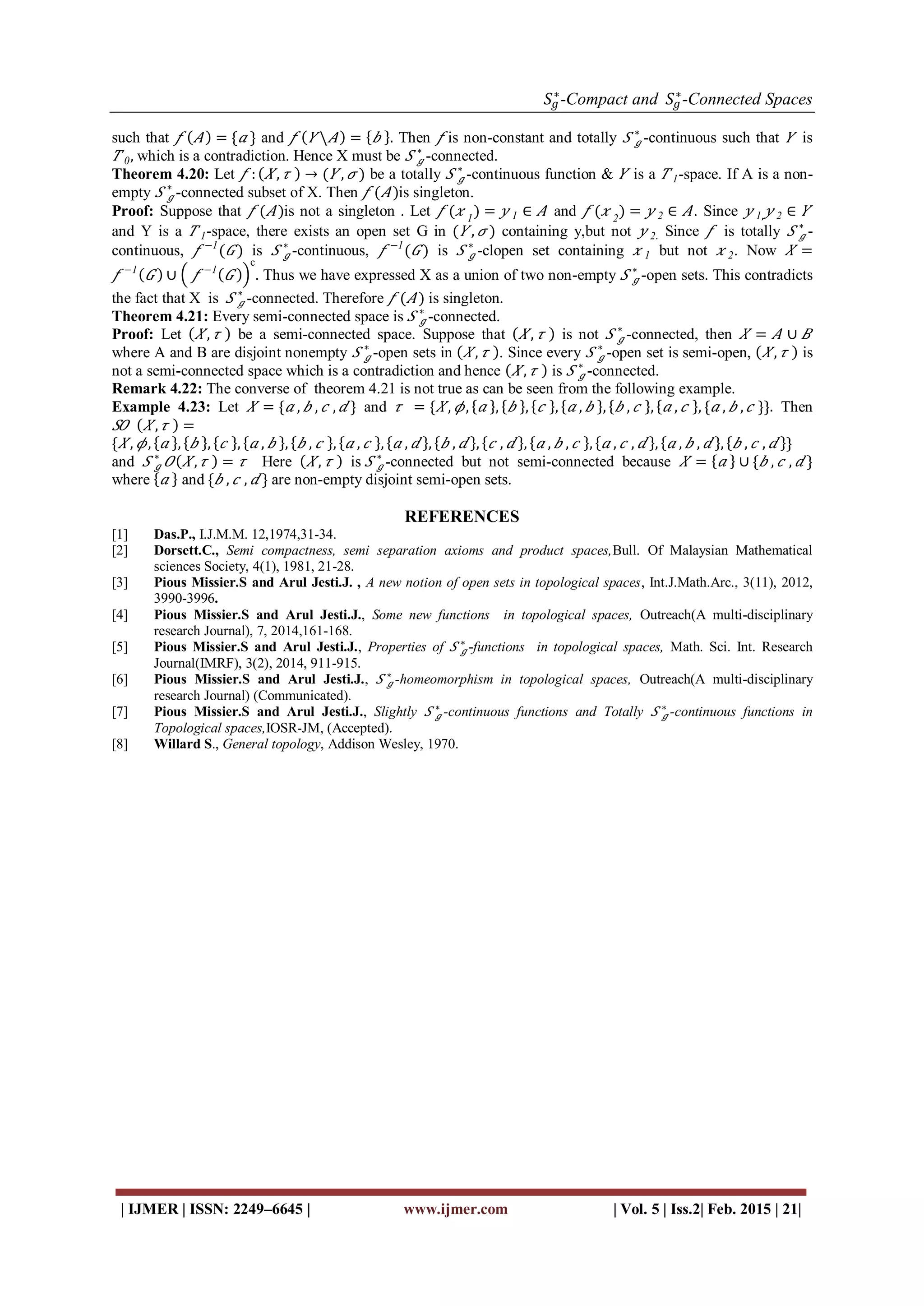 𝑺𝒈 ∗ -Compact and 𝑺𝒈 ∗ -Connected Spaces | PDF