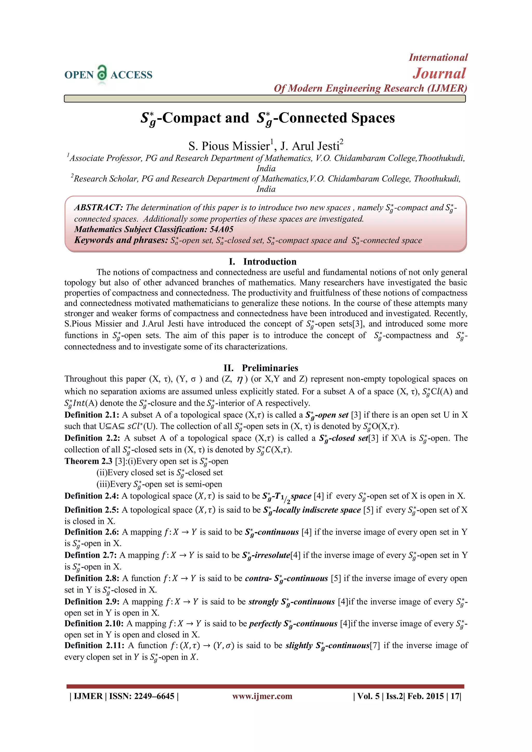 𝑺𝒈 ∗ -Compact and 𝑺𝒈 ∗ -Connected Spaces | PDF