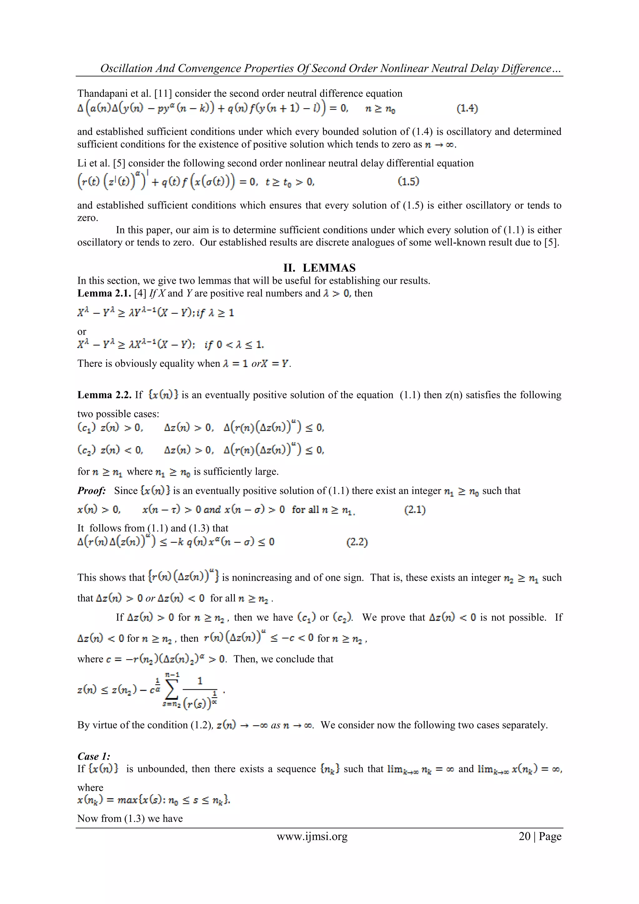 Oscillation And Convengence Properties Of Second Order Nonlinear Neutral Delay Difference