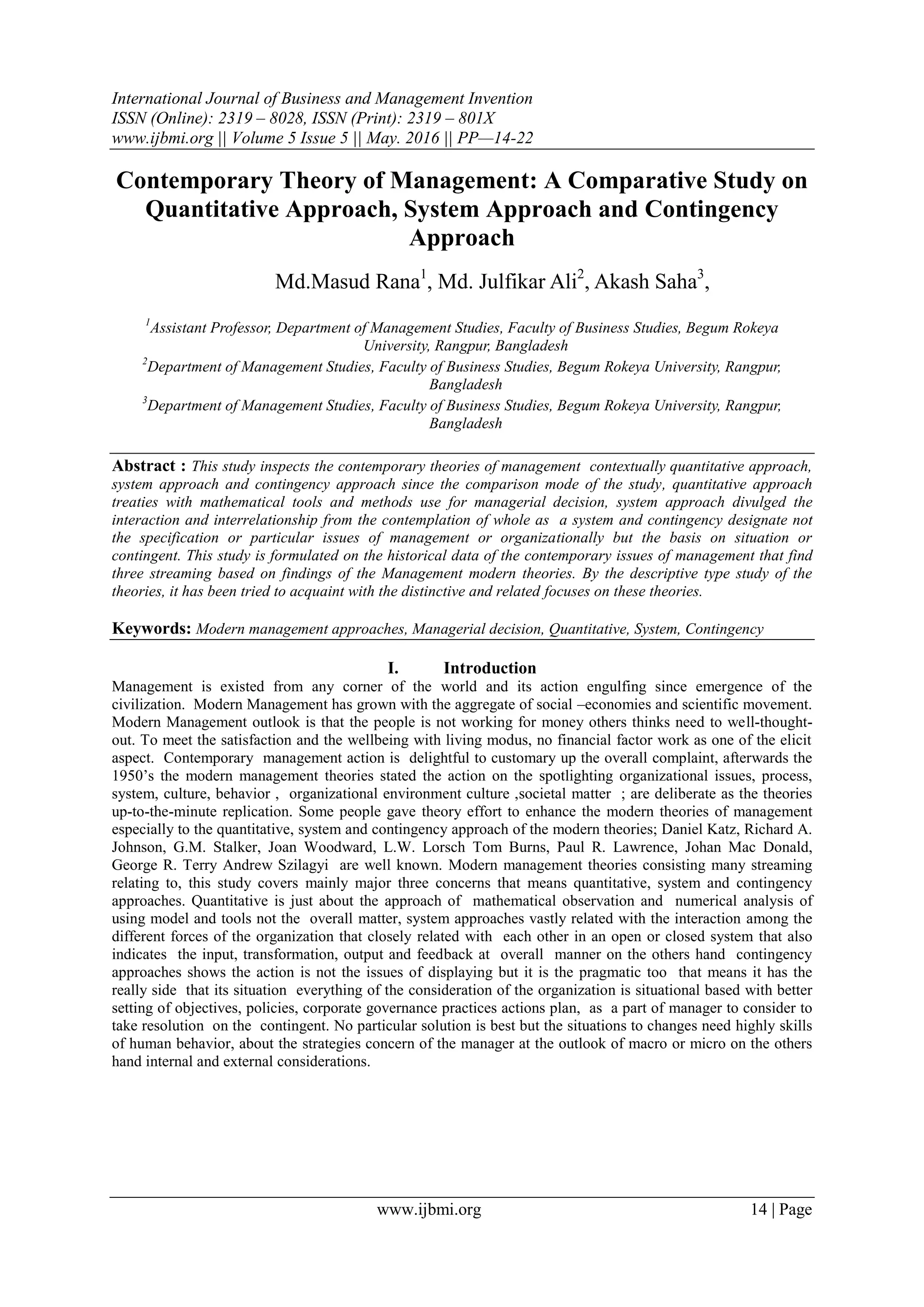 Contemporary Theory of Management: A Comparative Study on Quantitative ...