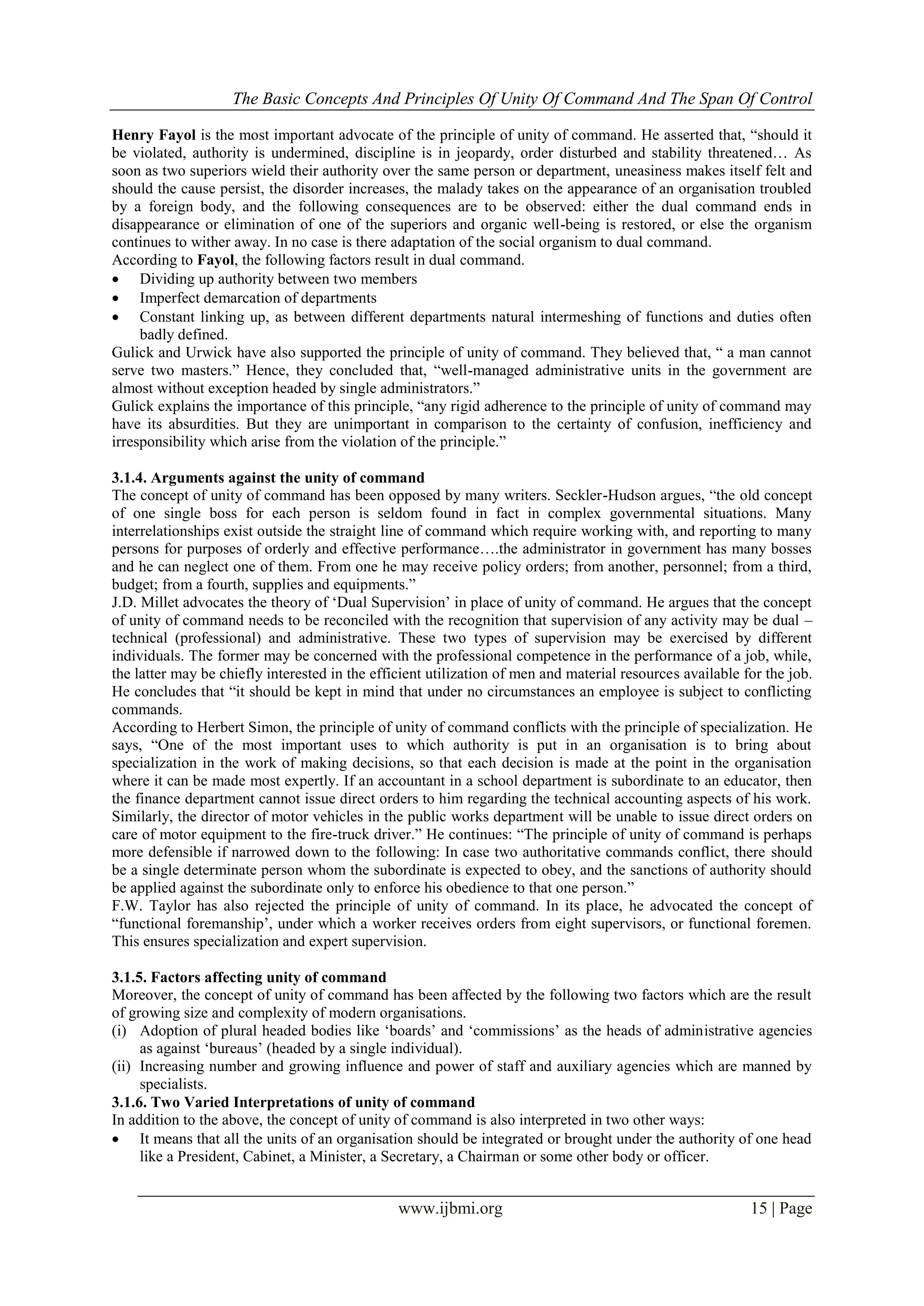 The Basic Concepts and Principles of Unity of Command and the Span of Control | PDF