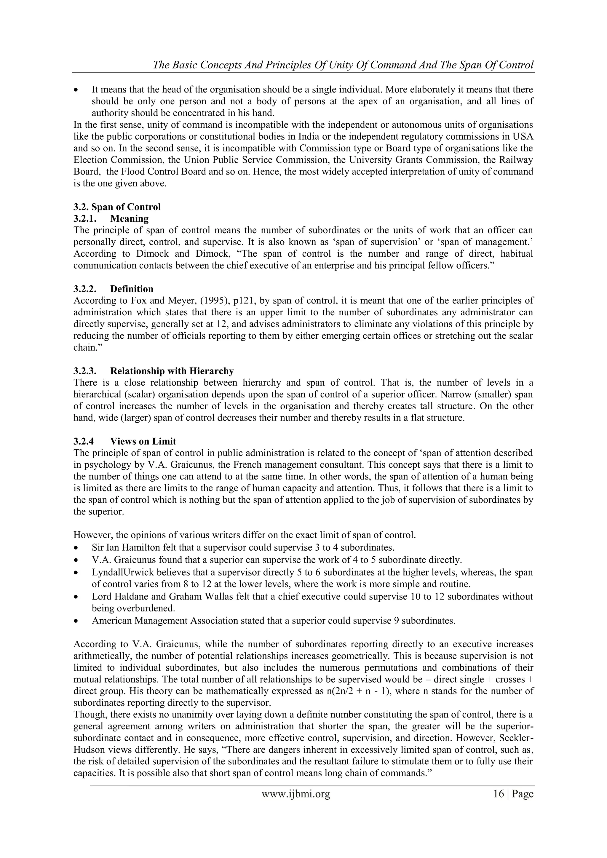 The Basic Concepts and Principles of Unity of Command and the Span of Control | PDF