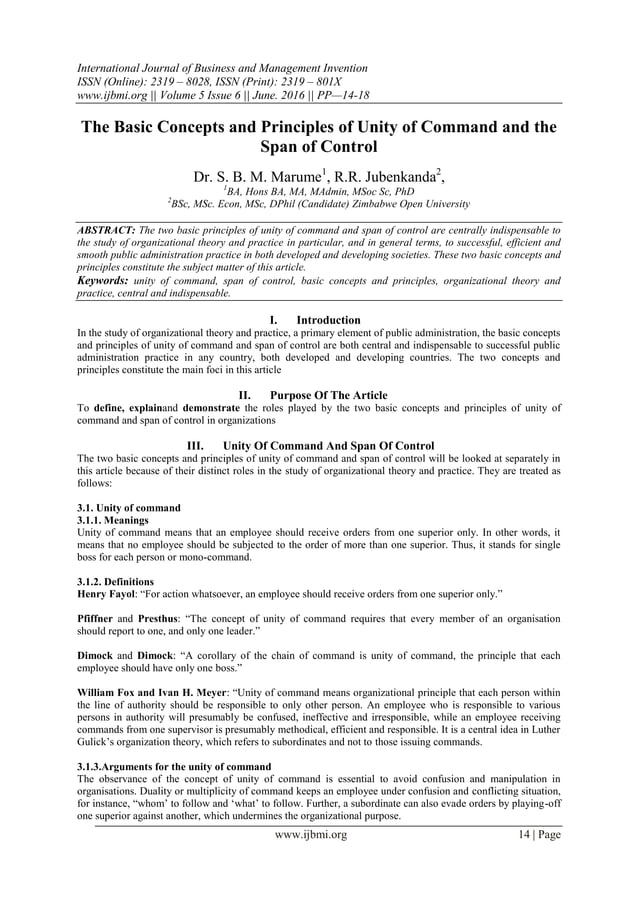The Basic Concepts and Principles of Unity of Command and the Span of Control | PDF