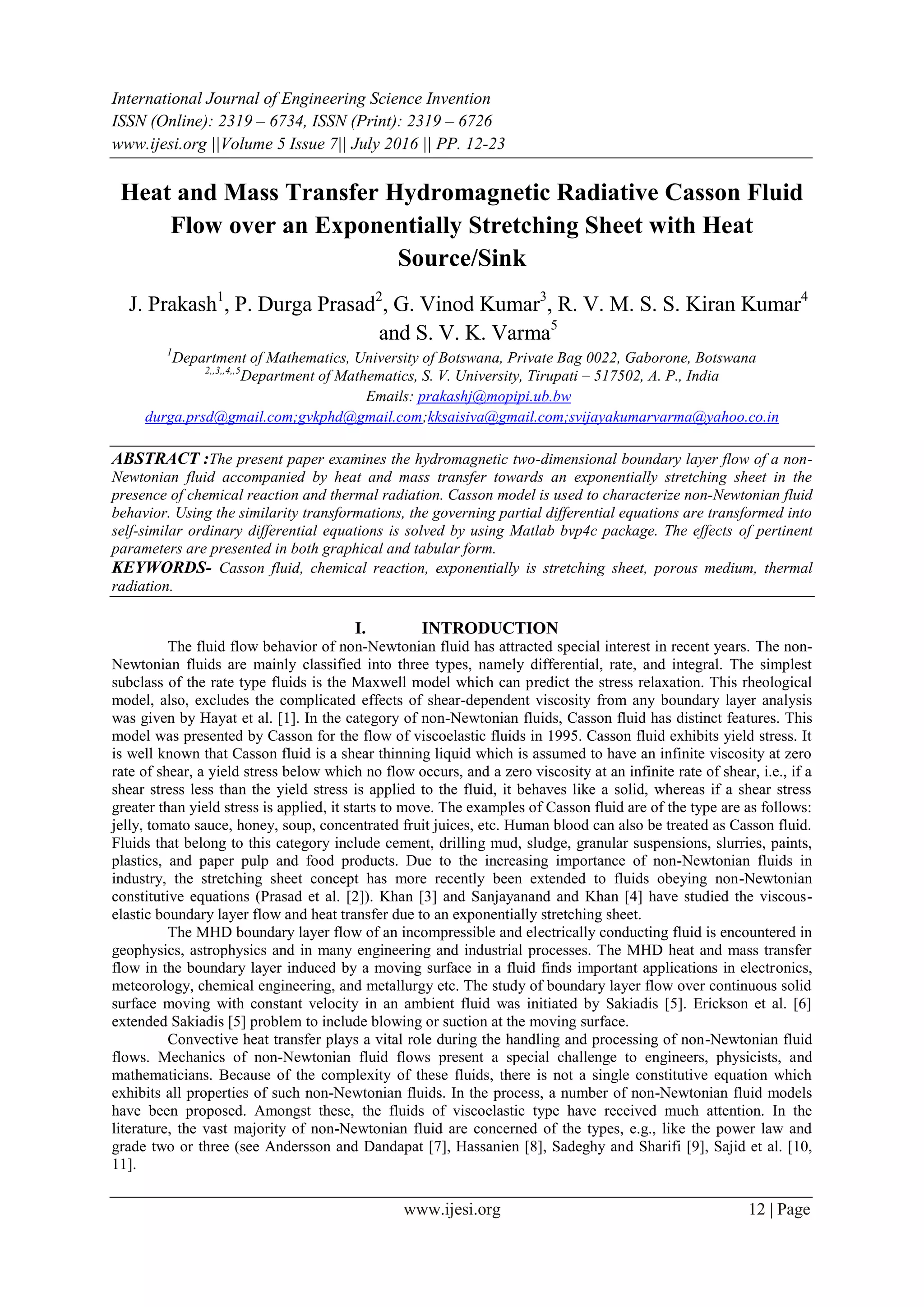 Heat and Mass Transfer Hydromagnetic Radiative Casson Fluid Flow over an Exponentially ...