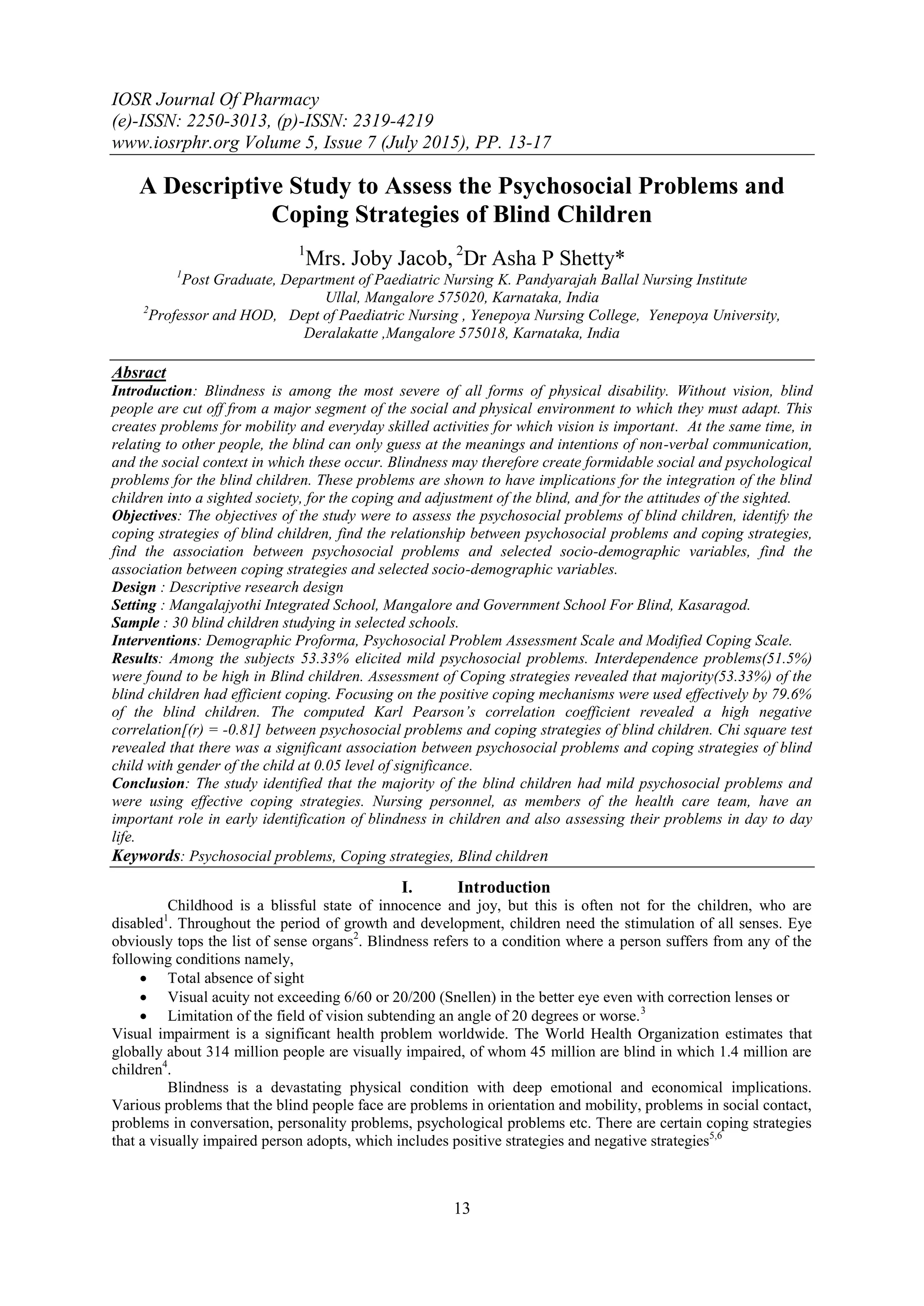 A Descriptive Study to Assess the Psychosocial Problems and Coping ...