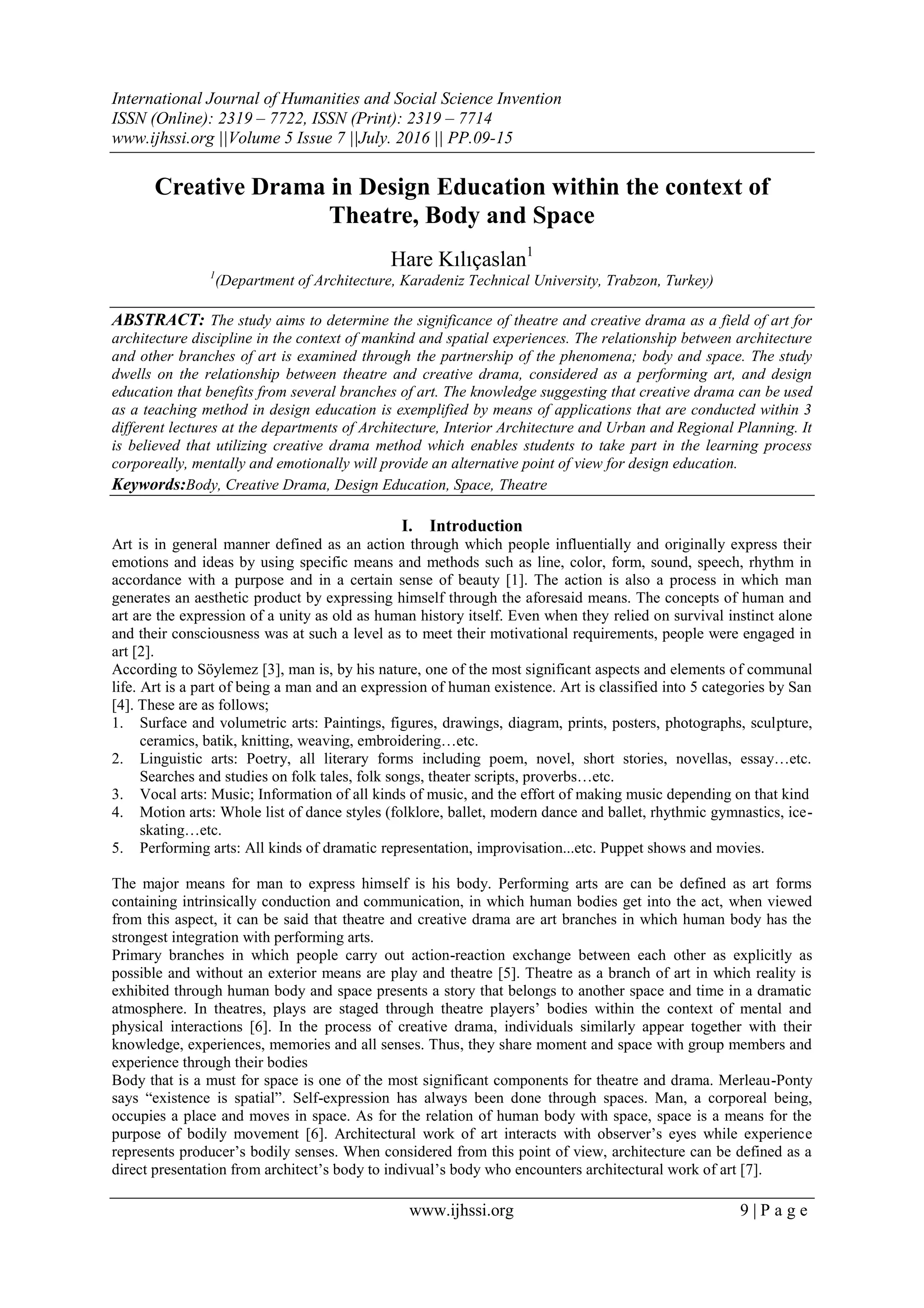 Creative Drama in Design Education within the context of Theatre, Body ...