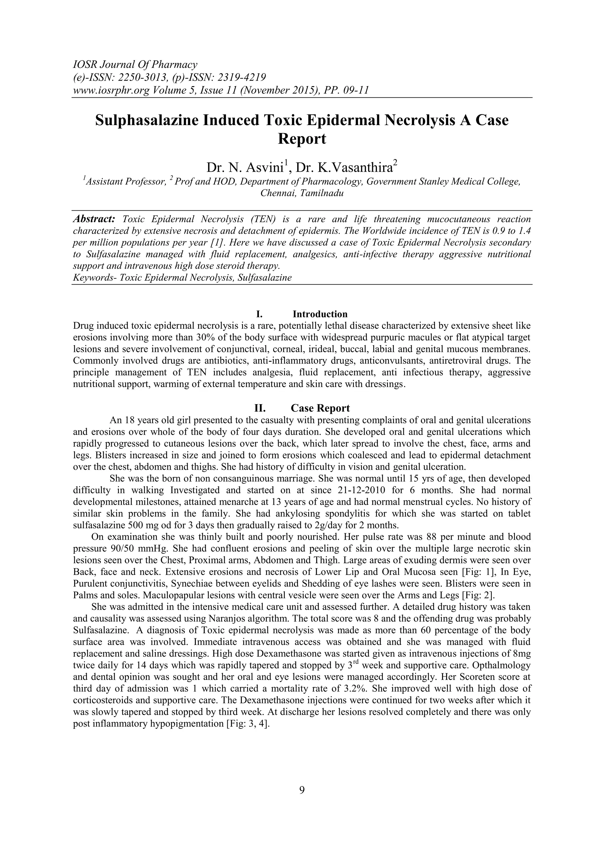 Sulphasalazine Induced Toxic Epidermal Necrolysis A Case Report | PDF