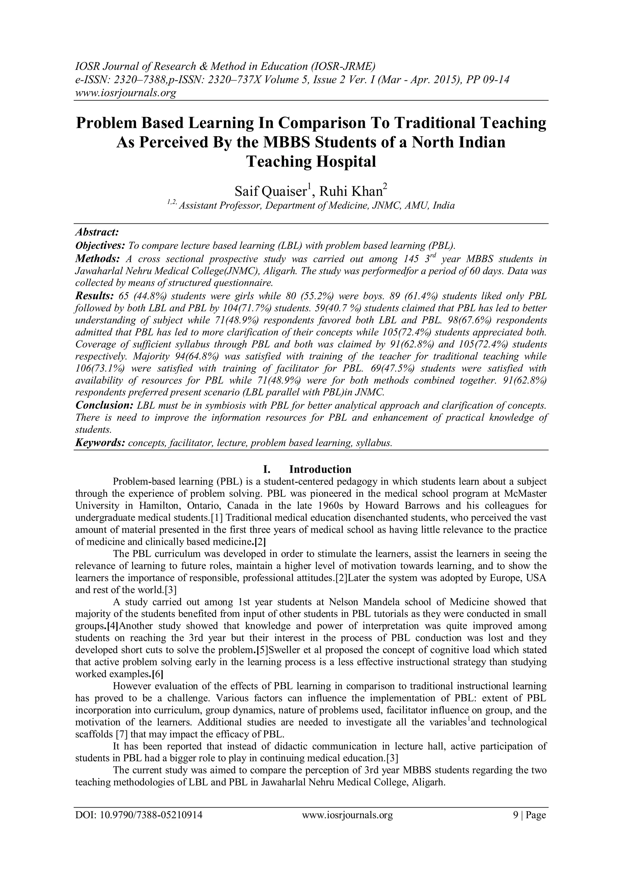 Problem Based Learning In Comparison To Traditional Teaching As ...