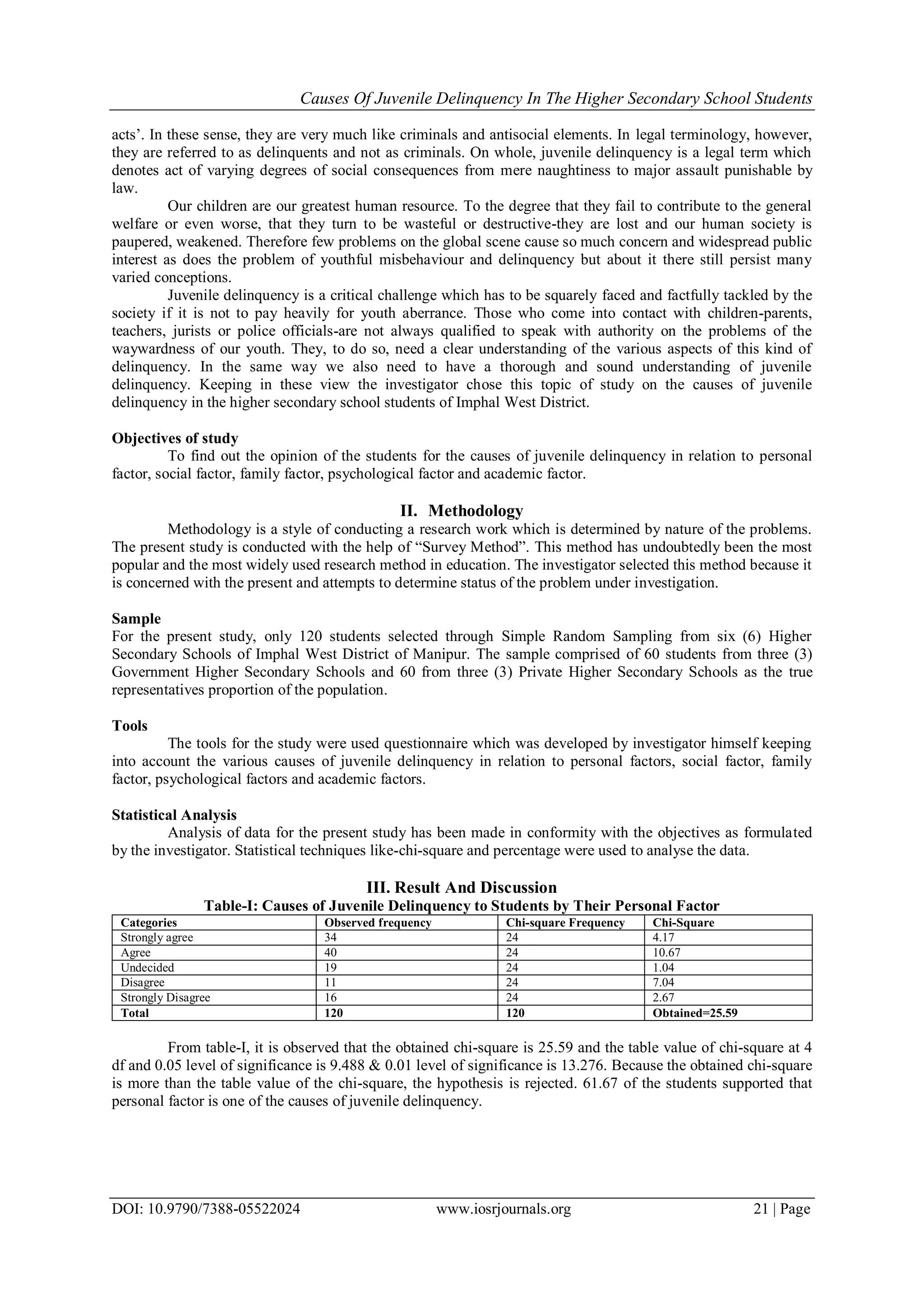Causes of Juvenile Delinquency in the Higher Secondary School Students ...
