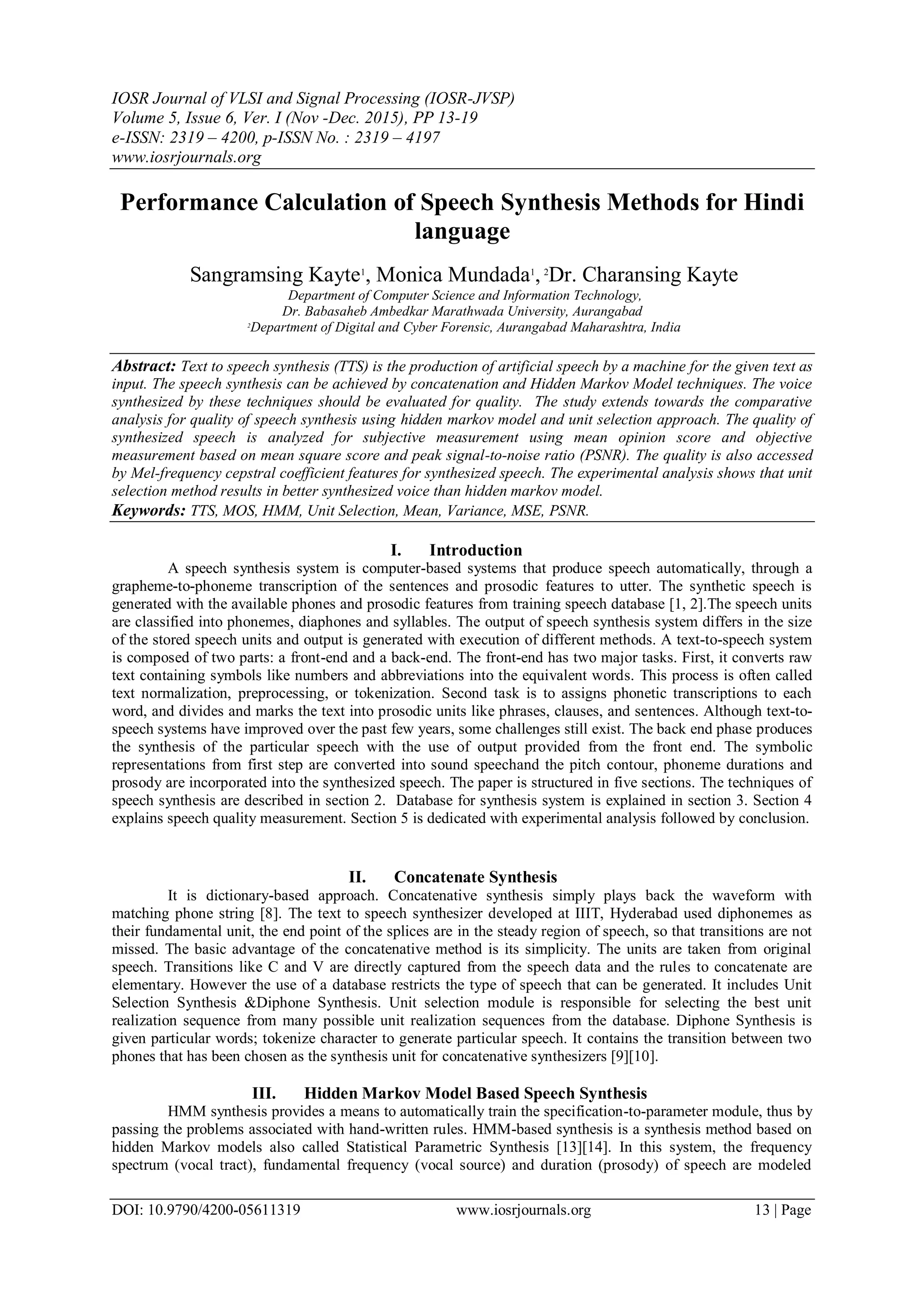Performance Calculation of Speech Synthesis Methods for Hindi language ...