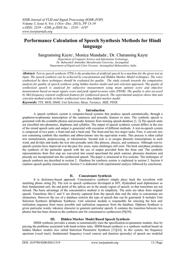 Performance Calculation of Speech Synthesis Methods for Hindi language | PDF | Digital Audio ...