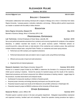 Alex Hulme Resume 2016 | DOC