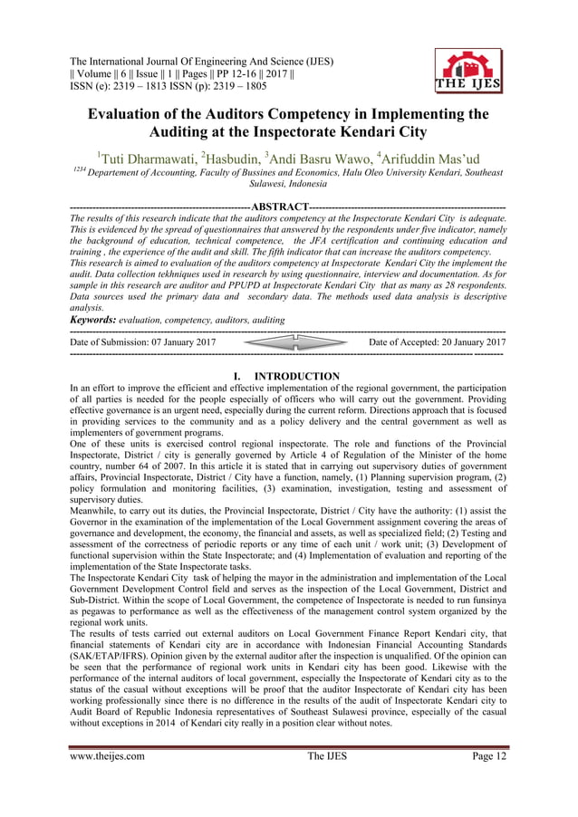 Evaluation of the Auditors Competency in Implementing the Auditing at the Inspectorate Kendari ...