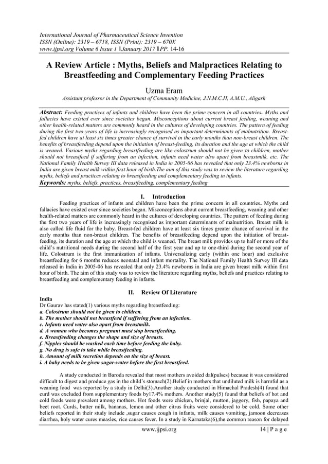 A Review Article : Myths, Beliefs and Malpractices Relating to Breastfeeding and Complementary ...