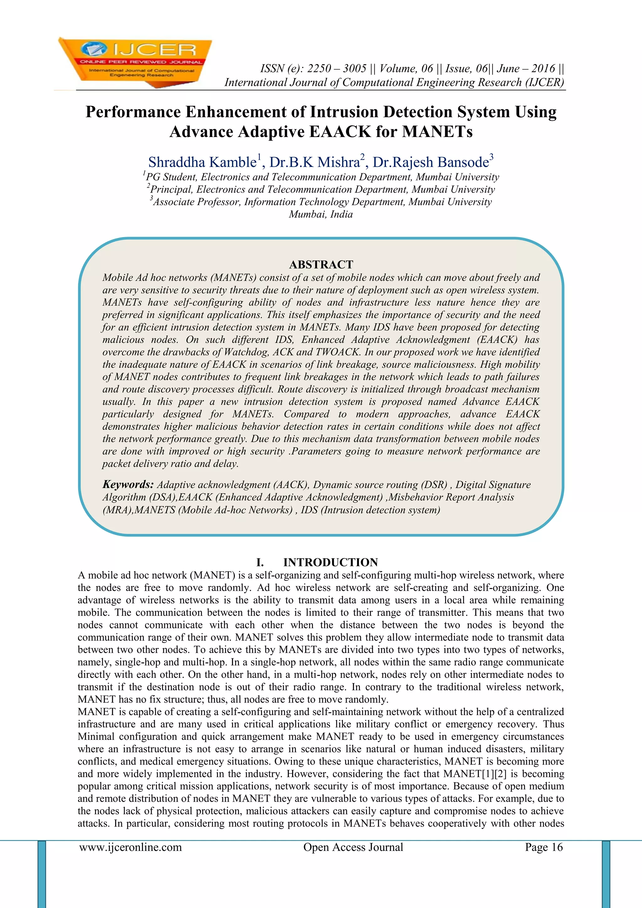 Performance Enhancement of Intrusion Detection System Using Advance Adaptive EAACK for MANETs | PDF